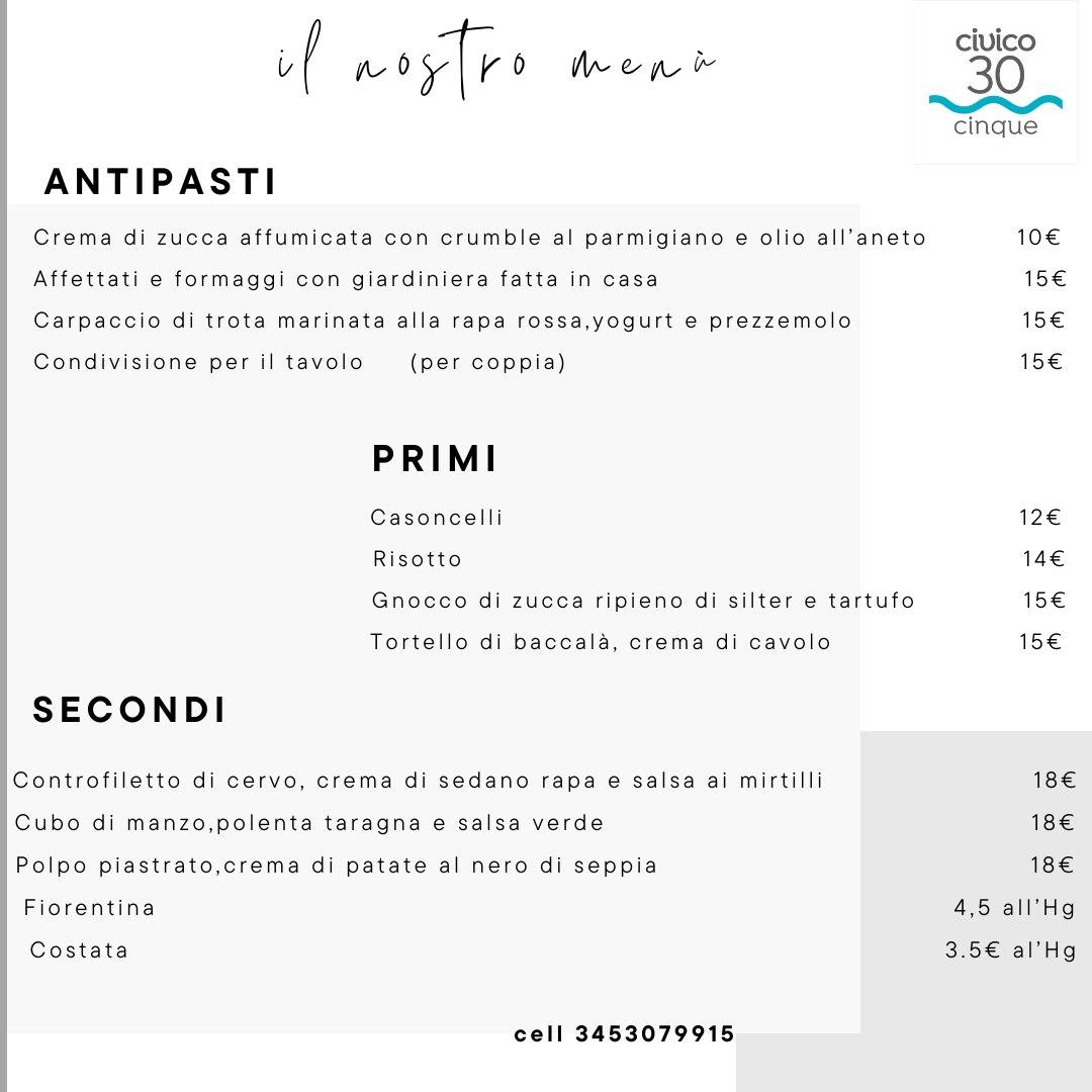 Menu at Civico 30cinque restaurant, Italy