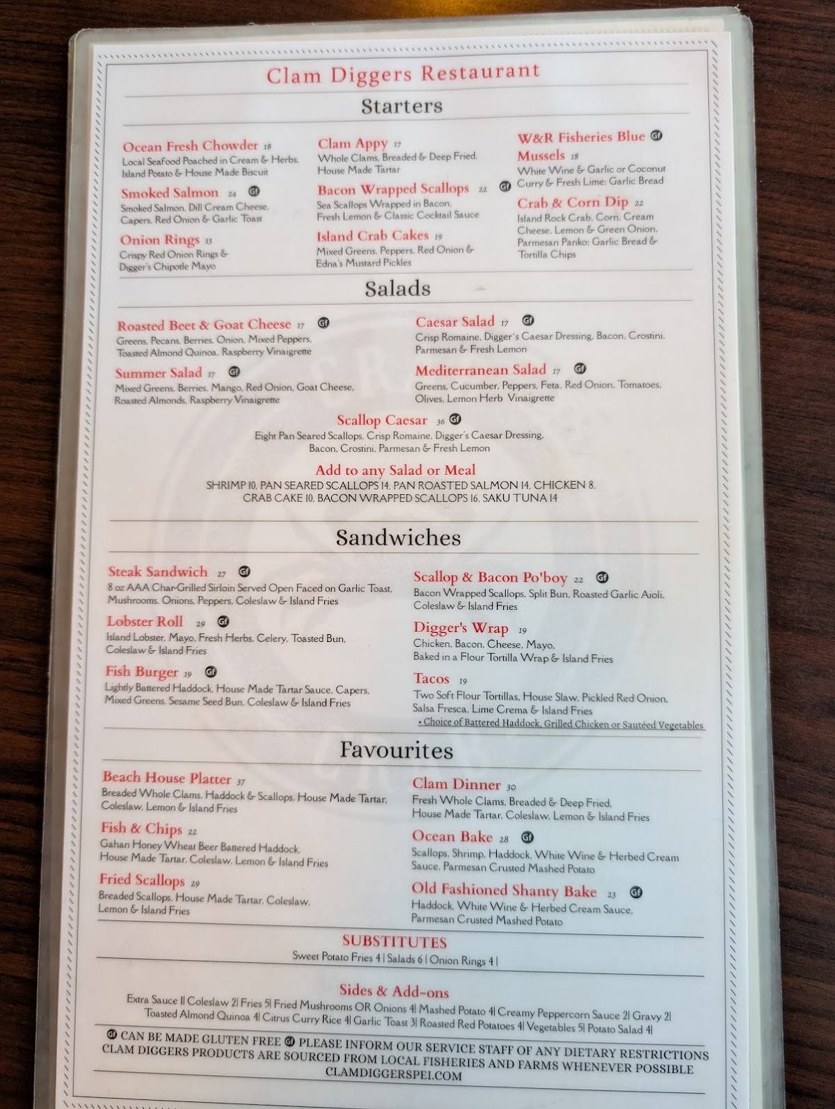 Menu at Clam Diggers Beach House & Restaurant, Cardigan
