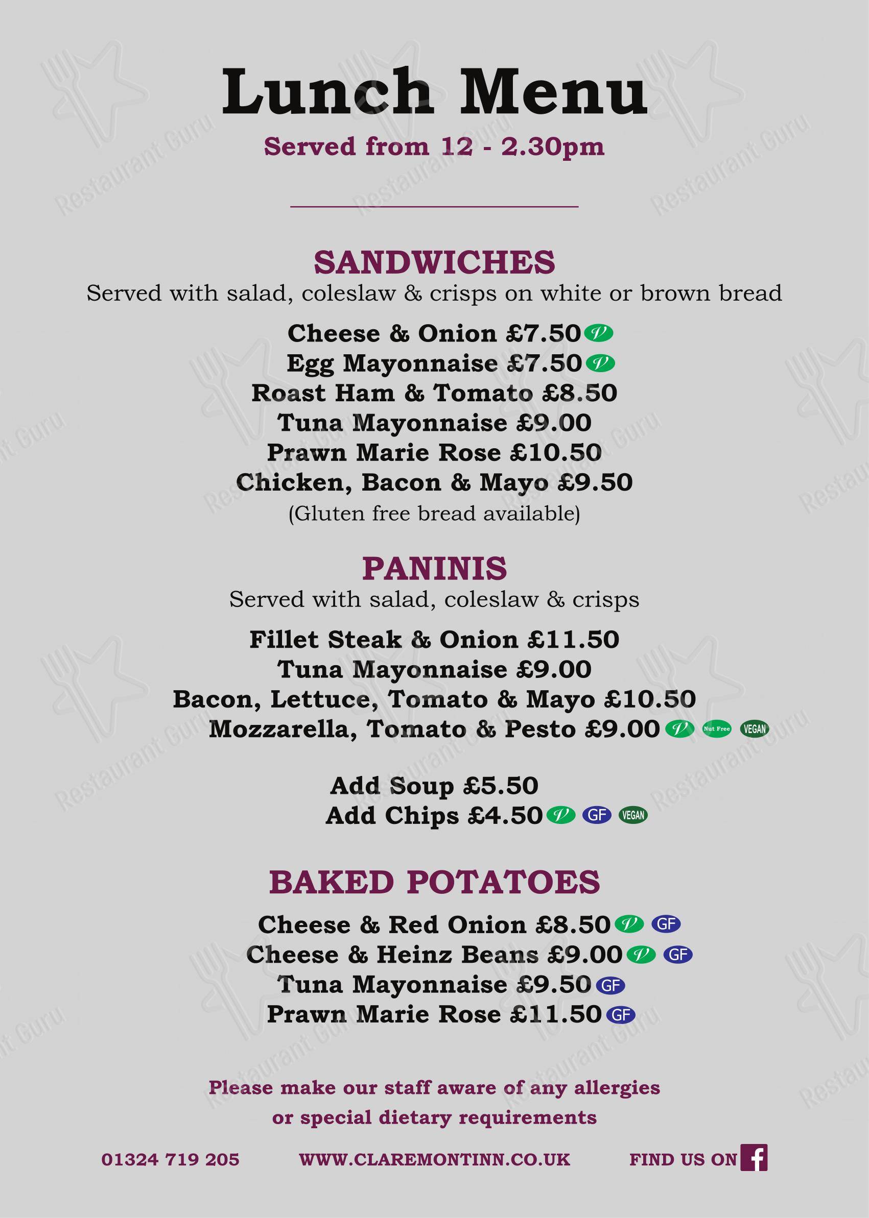 Menu at Claremont Inn pub & bar, Polmont