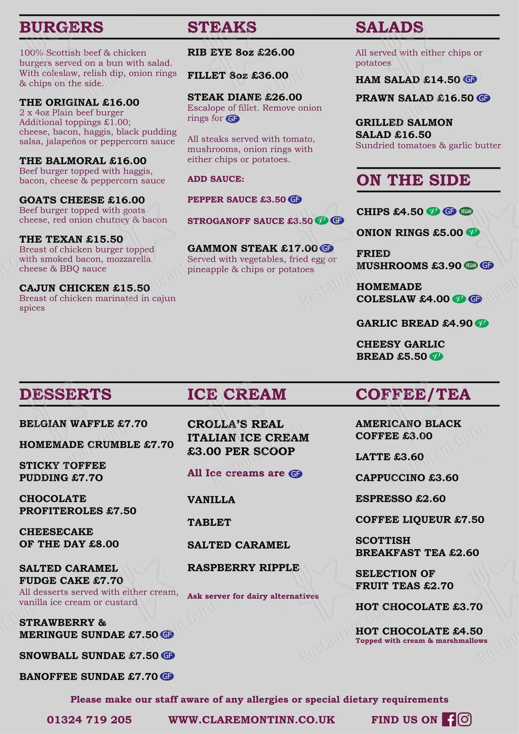 Menu at Claremont Inn pub & bar, Polmont