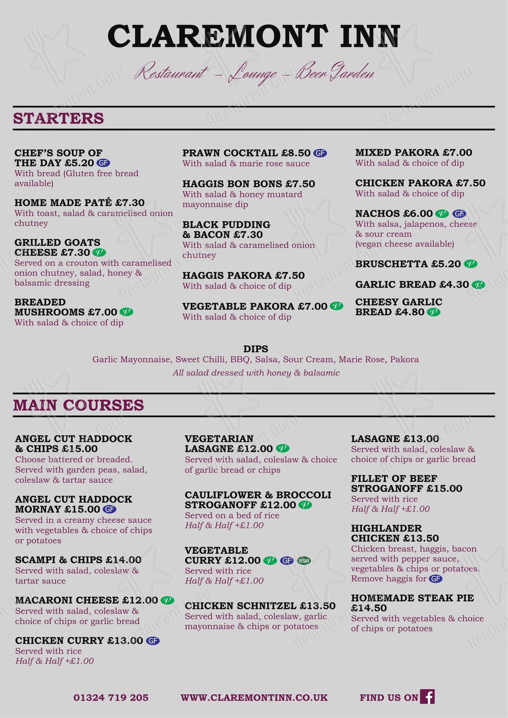 Menu at Claremont Inn pub & bar, Polmont