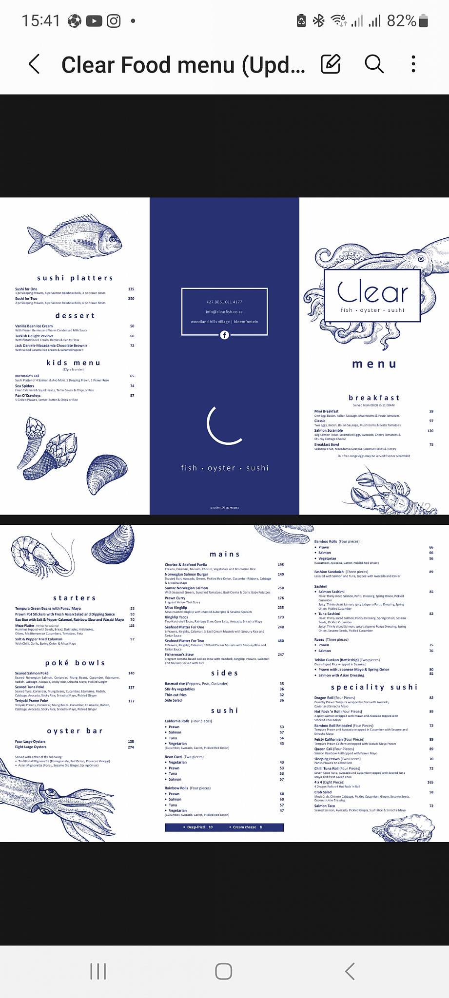Menu at Clear Restaurant, Bloemfontein