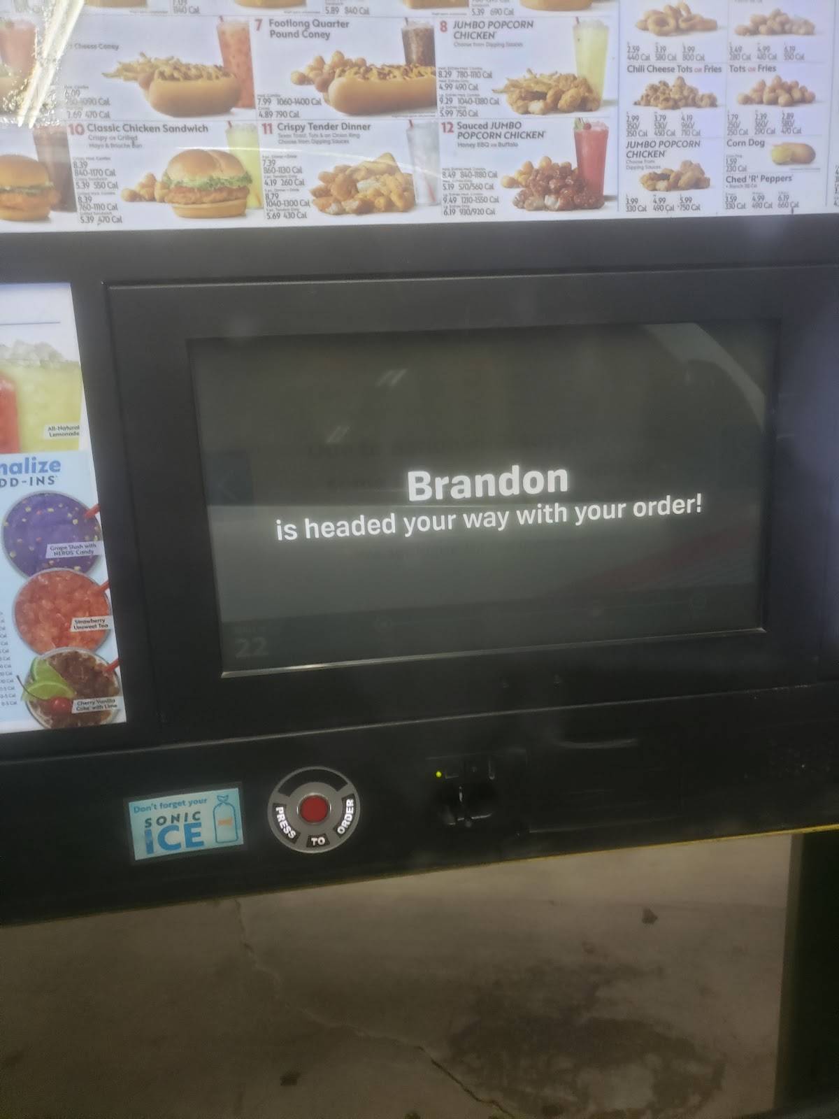 Menu at Sonic Drive-In fast food, Clinton, W Gary Blvd