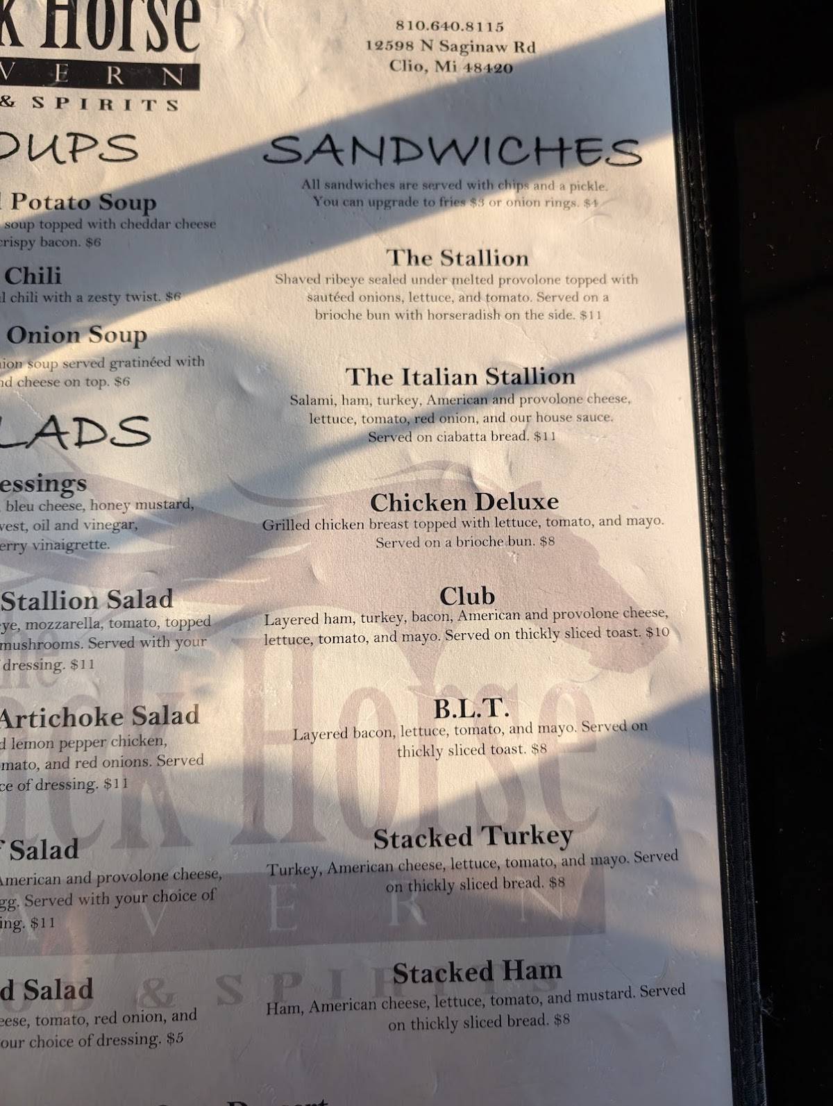 Menu at The Black Horse Tavern pub & bar, Clio