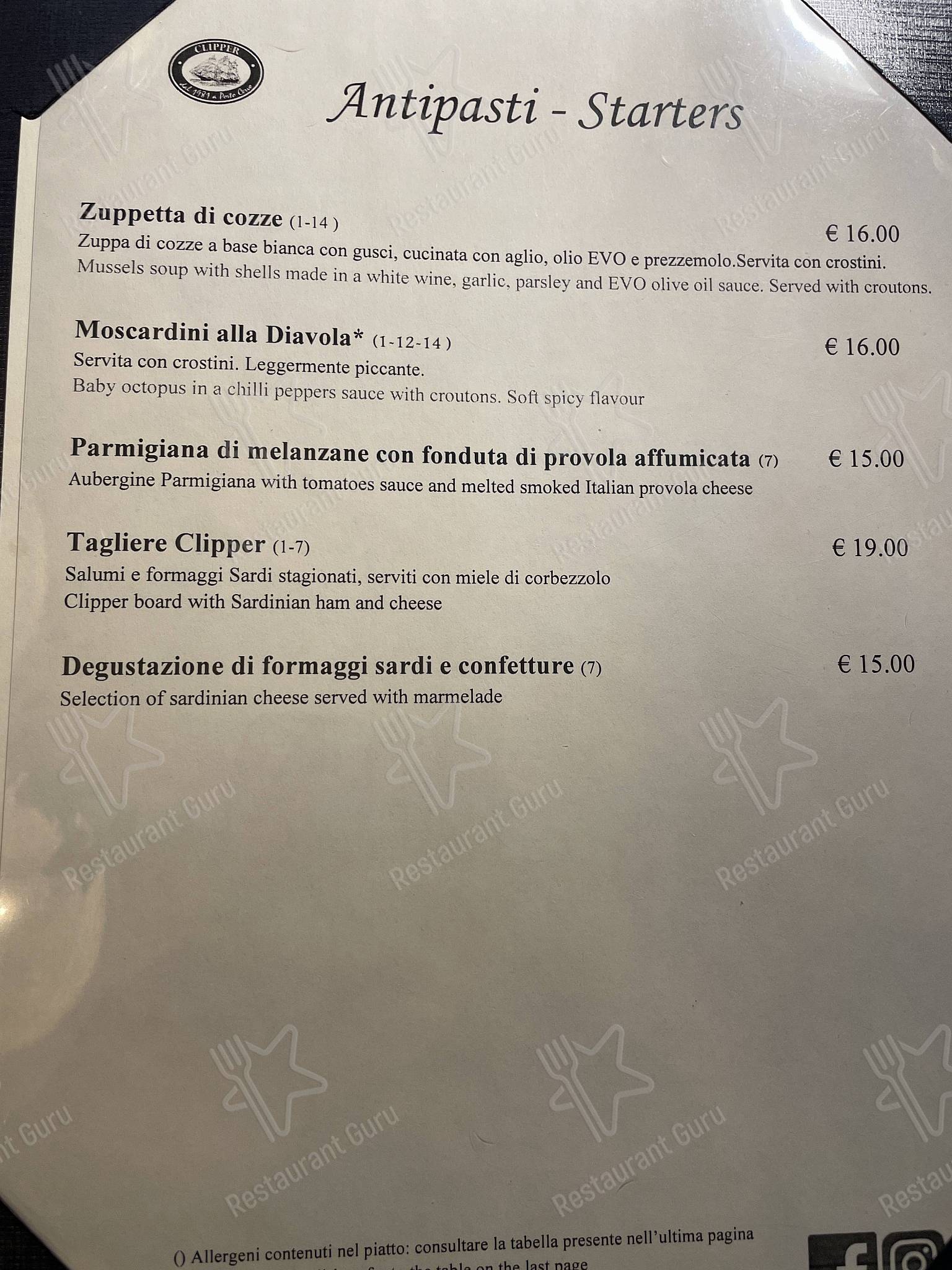 Menu at Clipper Porto Cervo restaurant, Porto Cervo