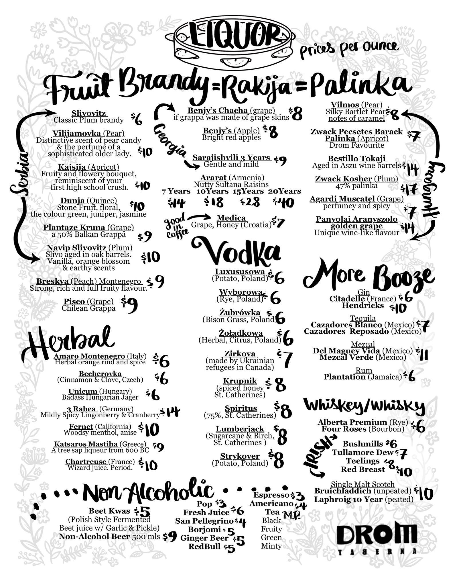 Carta del pub y bar DROM Taberna, Toronto