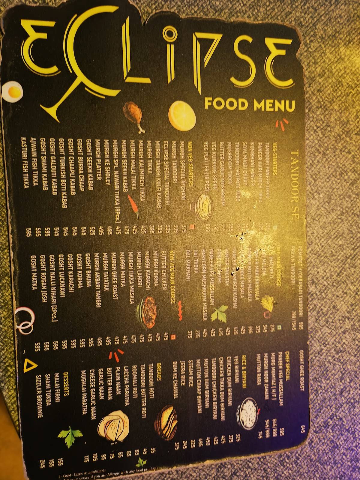 Menu at Eclipse Night Club, Varanasi