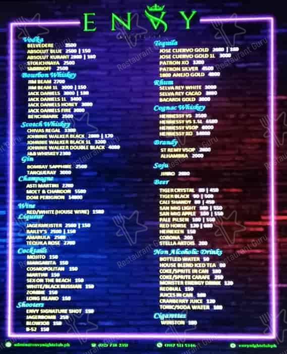 Carta de Envy Nightclub, Ciudad Quezon