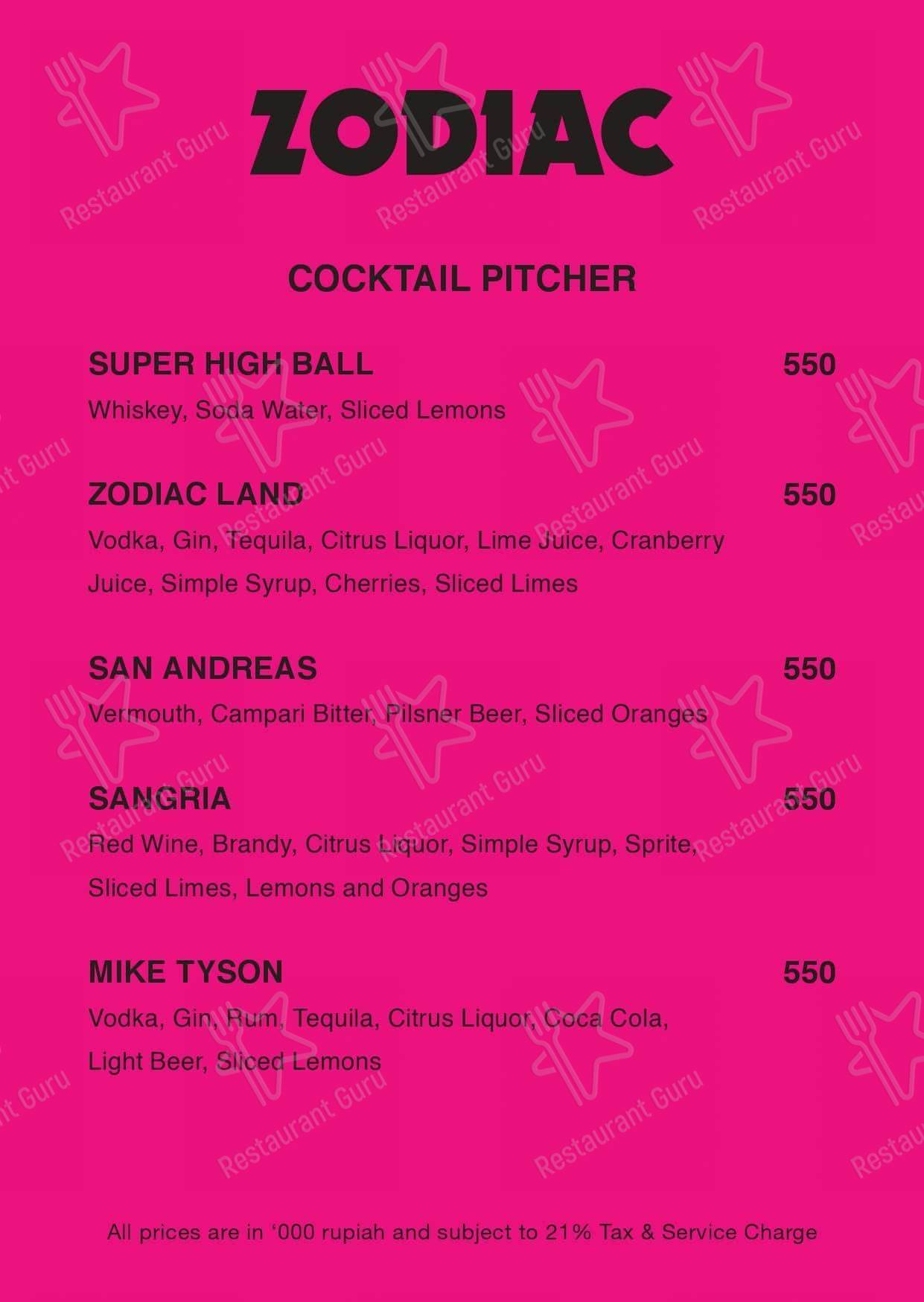 Menu at ZODIAC club, South Jakarta