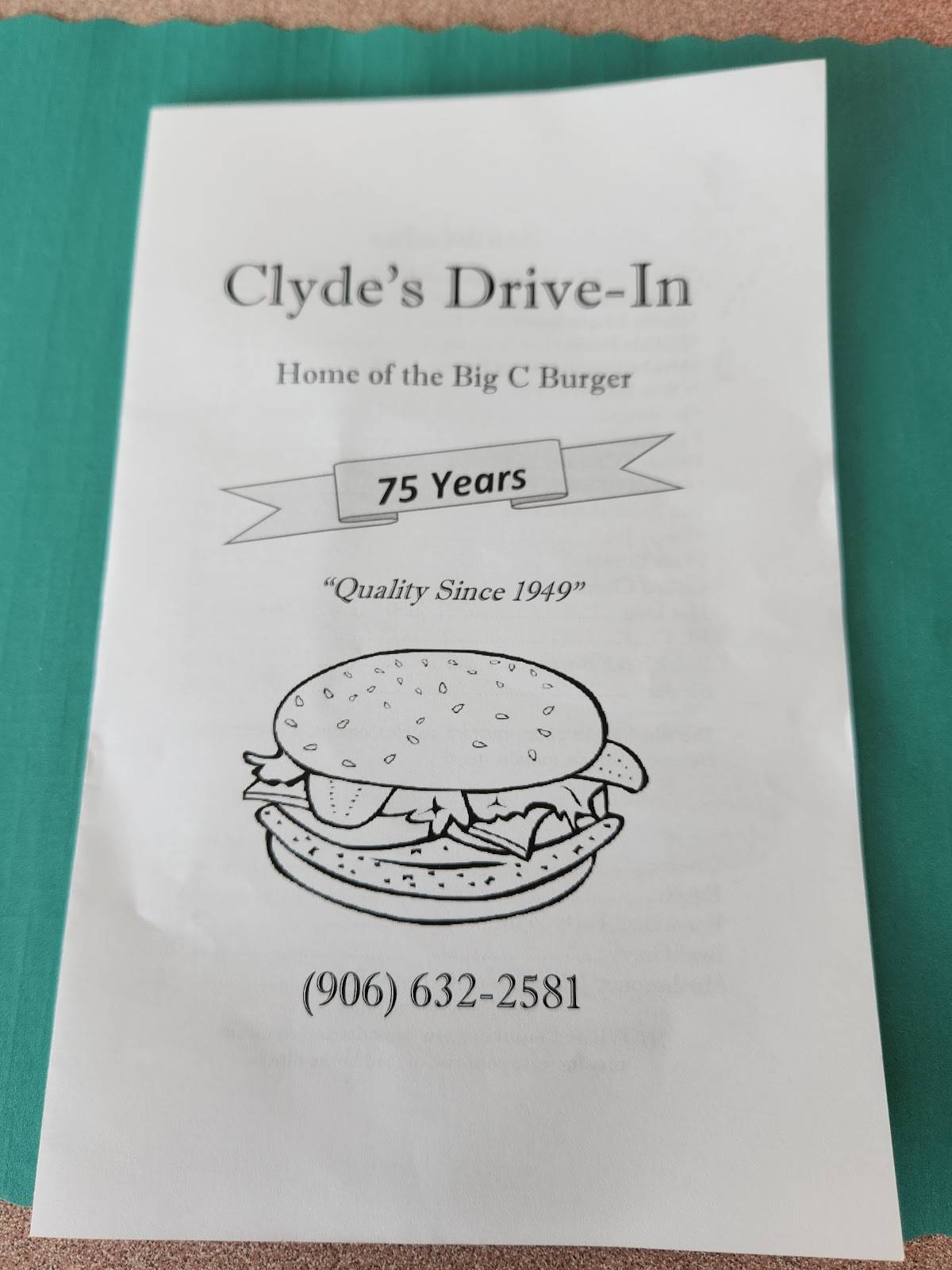 Menu at Clyde's Drive-In restaurant, Sault Ste. Marie