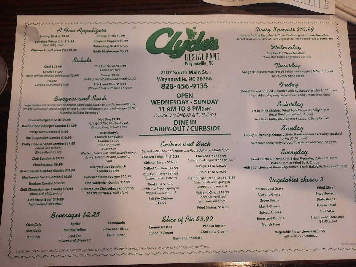 Menu at Clyde's Restaurant, Waynesville