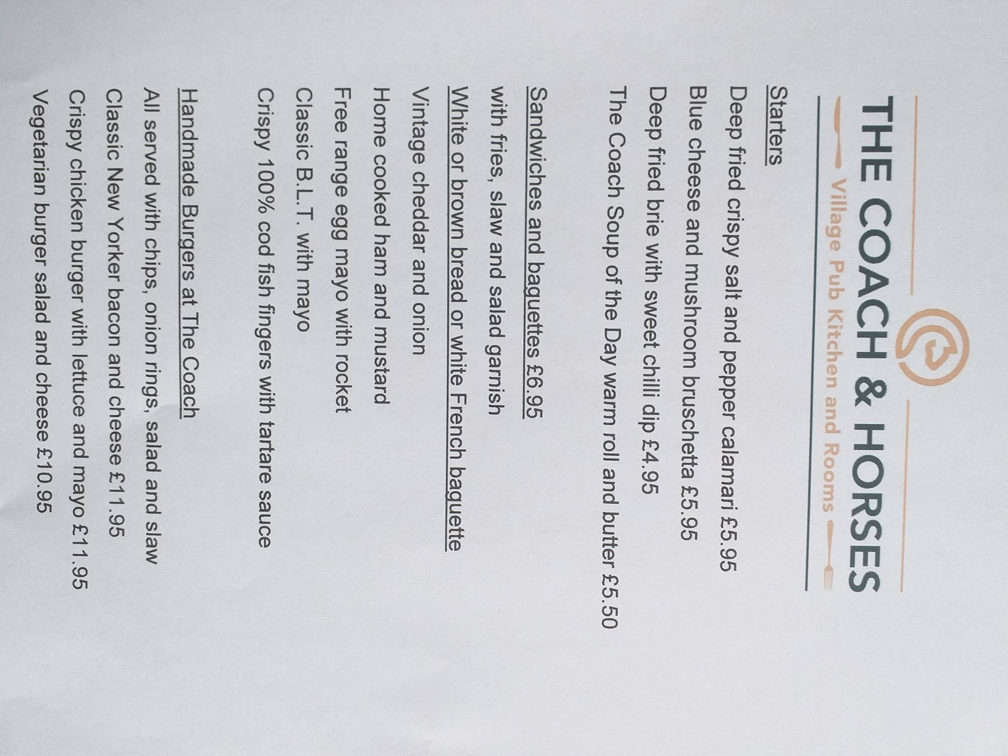 Menu at The Coach & Horses pub & bar, Dersingham