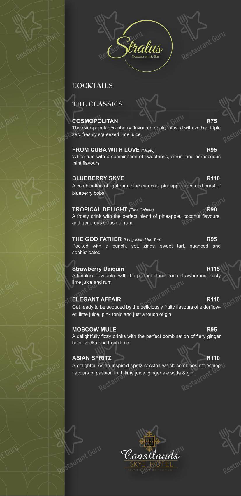 Menu at Coastlands Musgrave Hotel restaurant, Durban