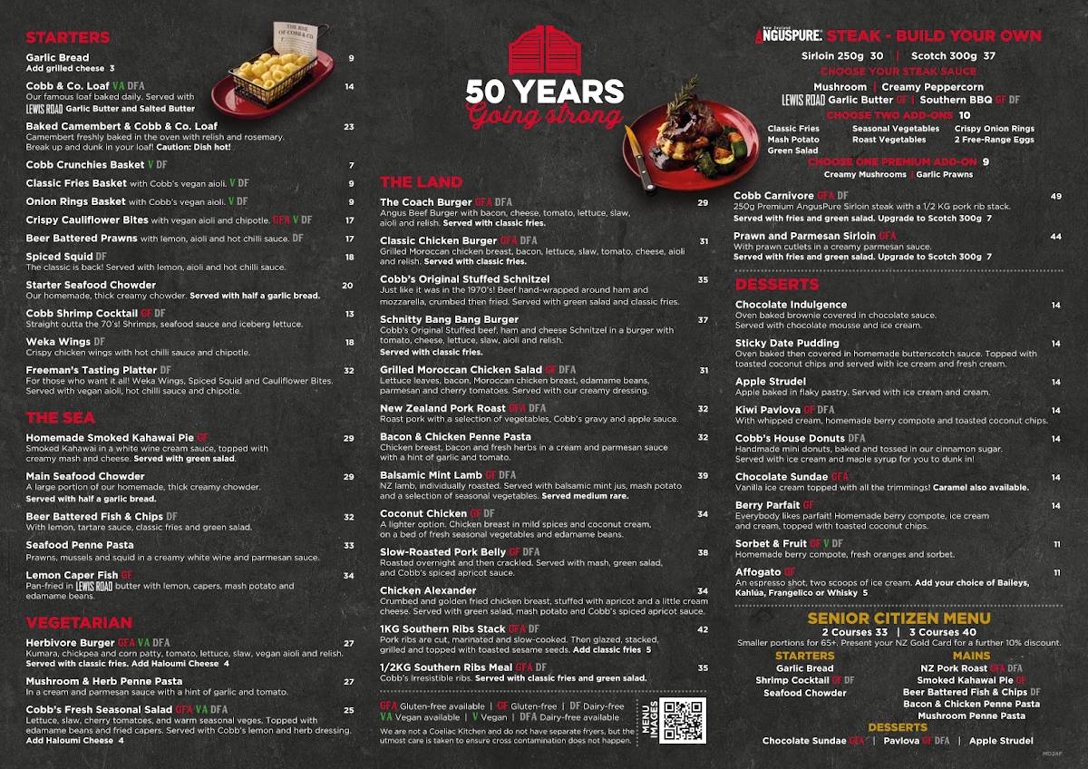 Menu at Cobb & Co. New Plymouth steakhouse, New Plymouth