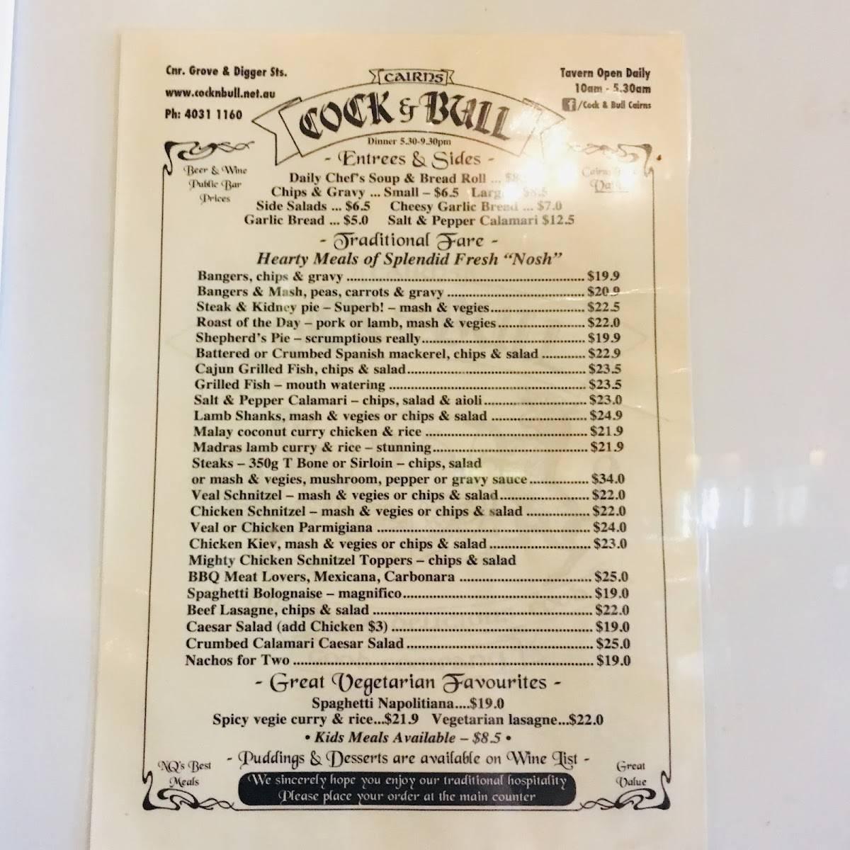 Menu at Cock & Bull restaurant, Cairns North