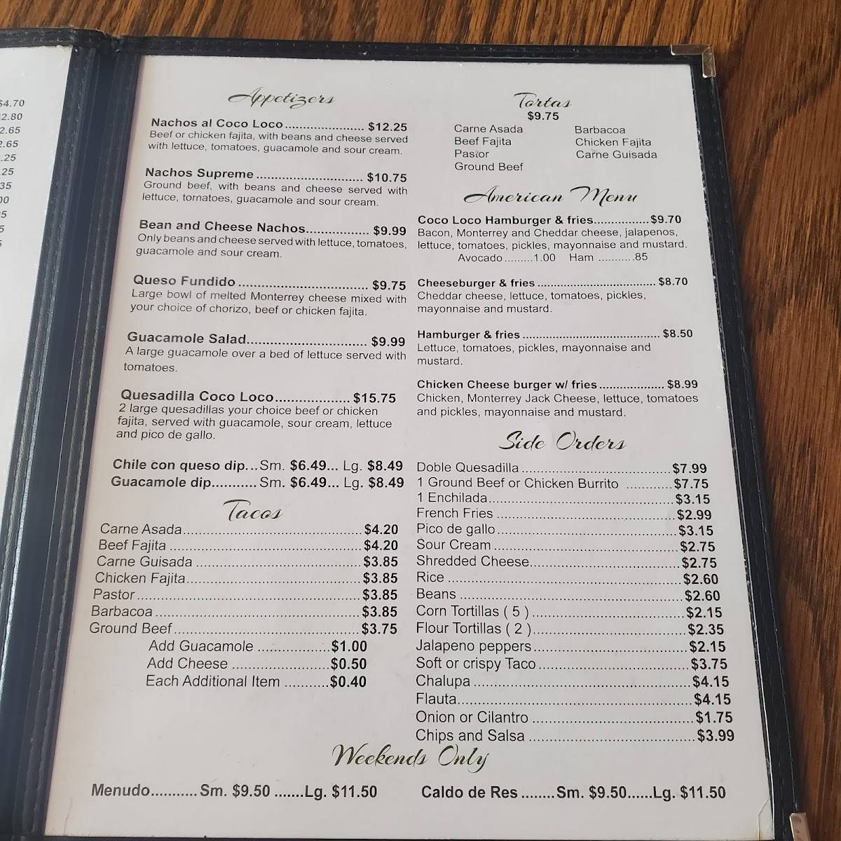 Menu at Coco Loco restaurant, College Station, Welsh Ave