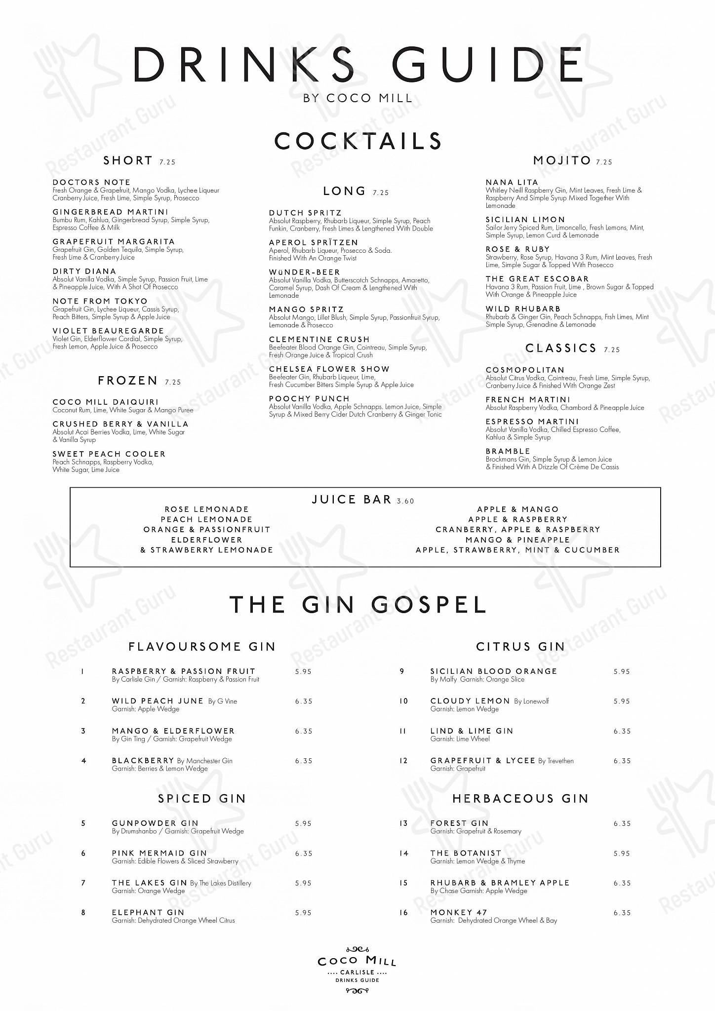 Menu at Coco Mill restaurant, Carlisle