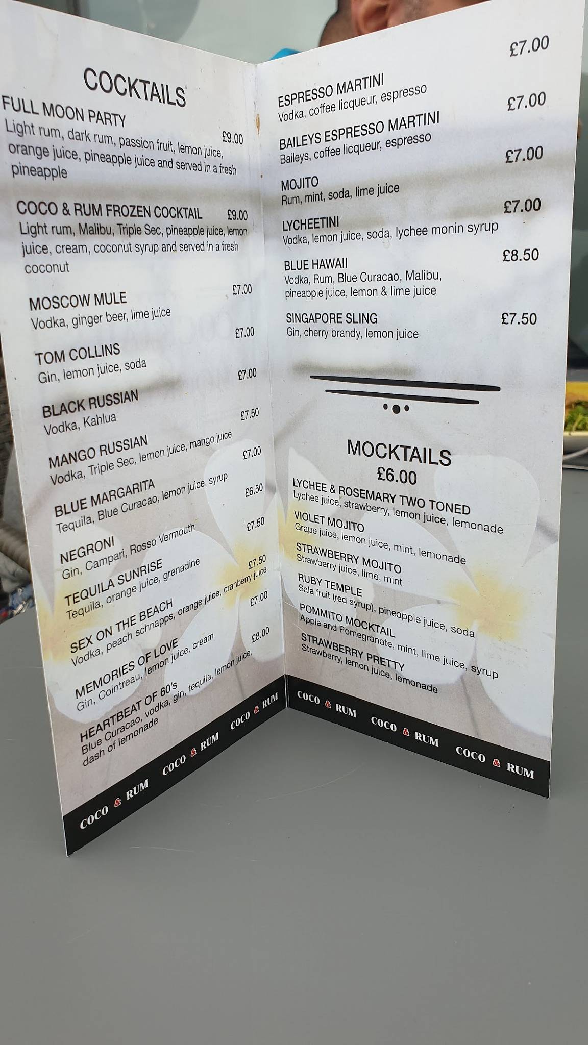 Menu at Coco & Rum restaurant, Saltburn-by-the-Sea