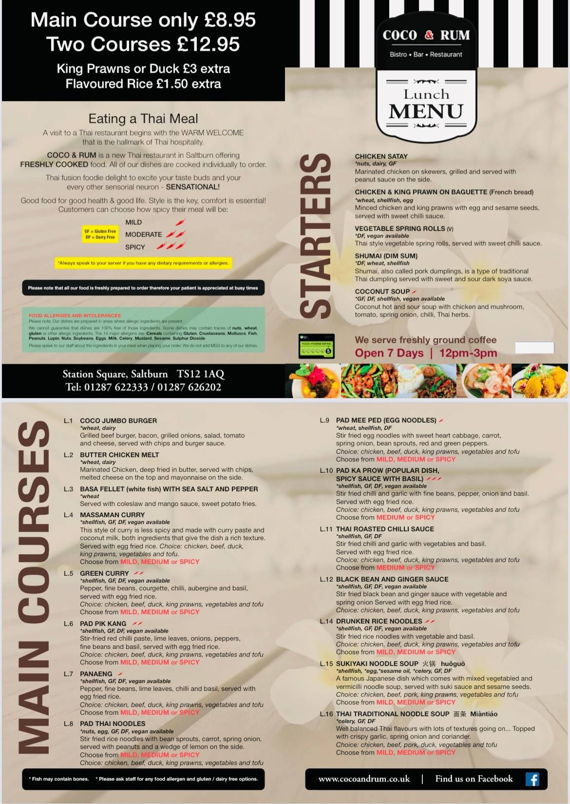 Menu at Coco & Rum restaurant, Saltburn-by-the-Sea