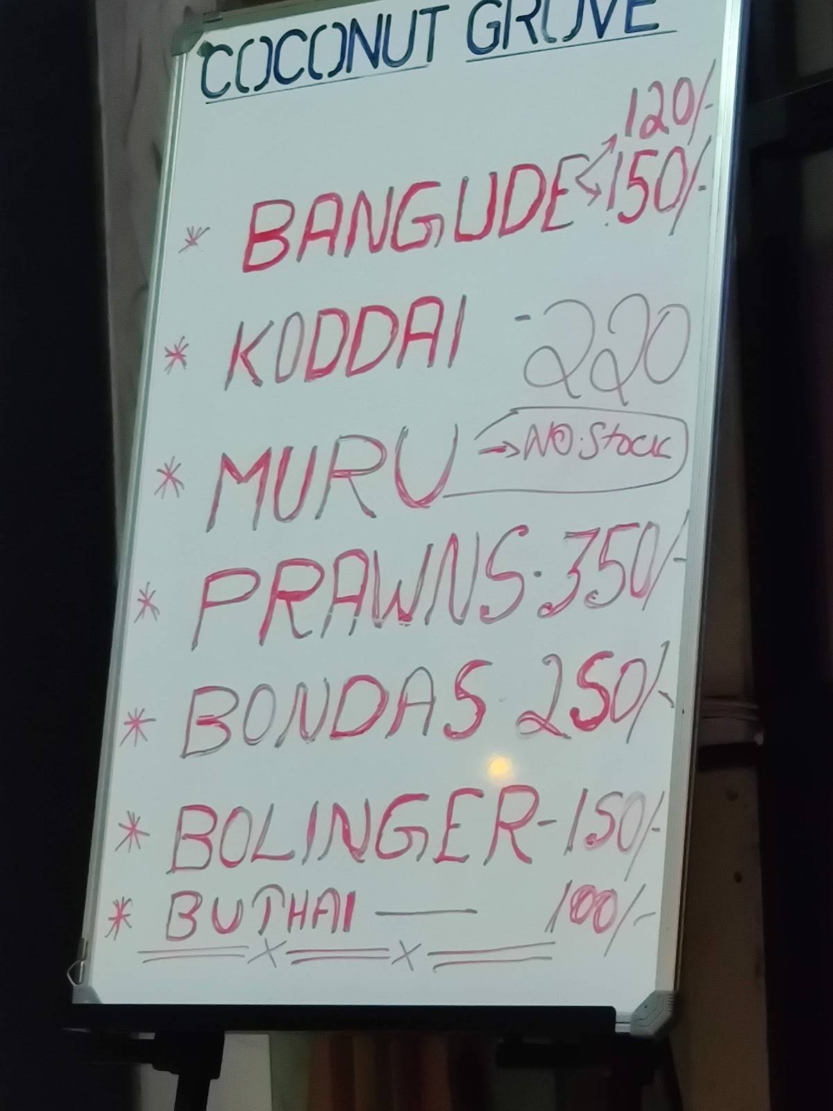 Menu at Coconut Grove, Mangaluru