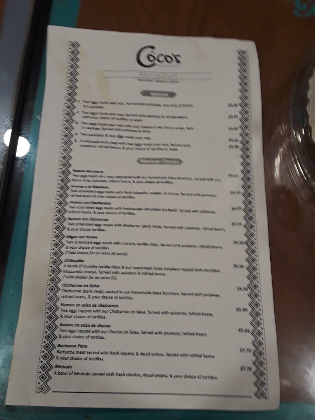 Menu at Coco's Restaurant, Pharr