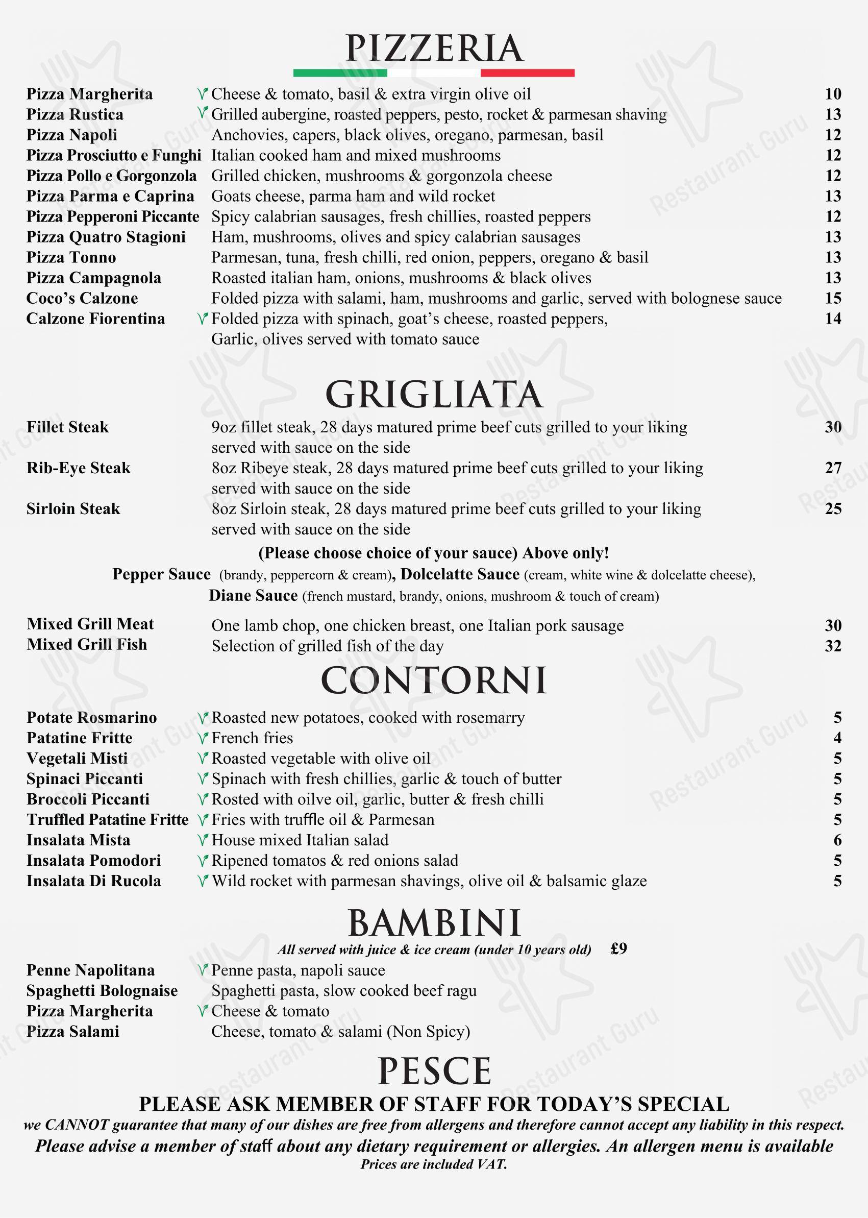 Menu at Coco's Restaurant, Altrincham