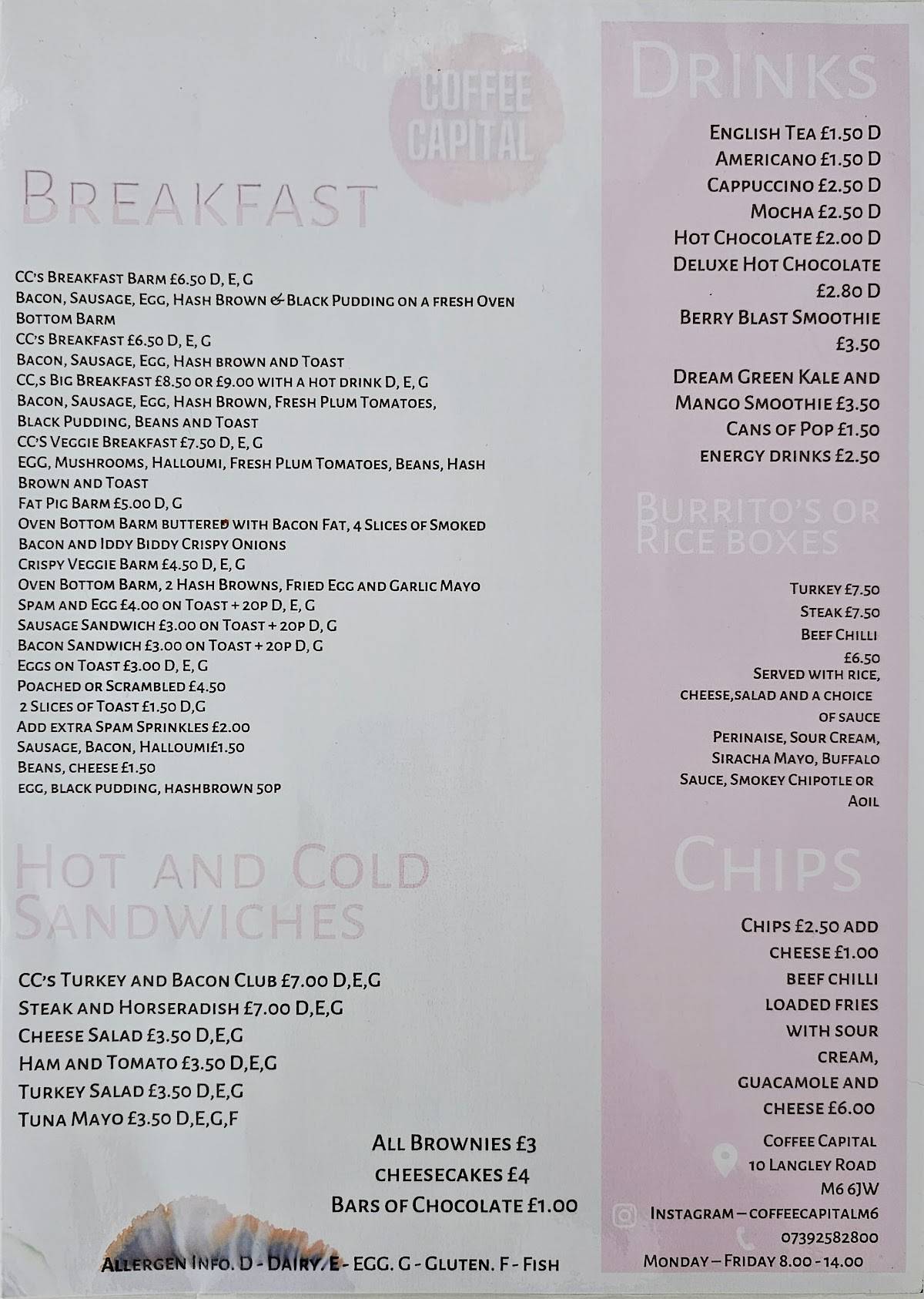 Menu at Coffee Capital cafe, Manchester