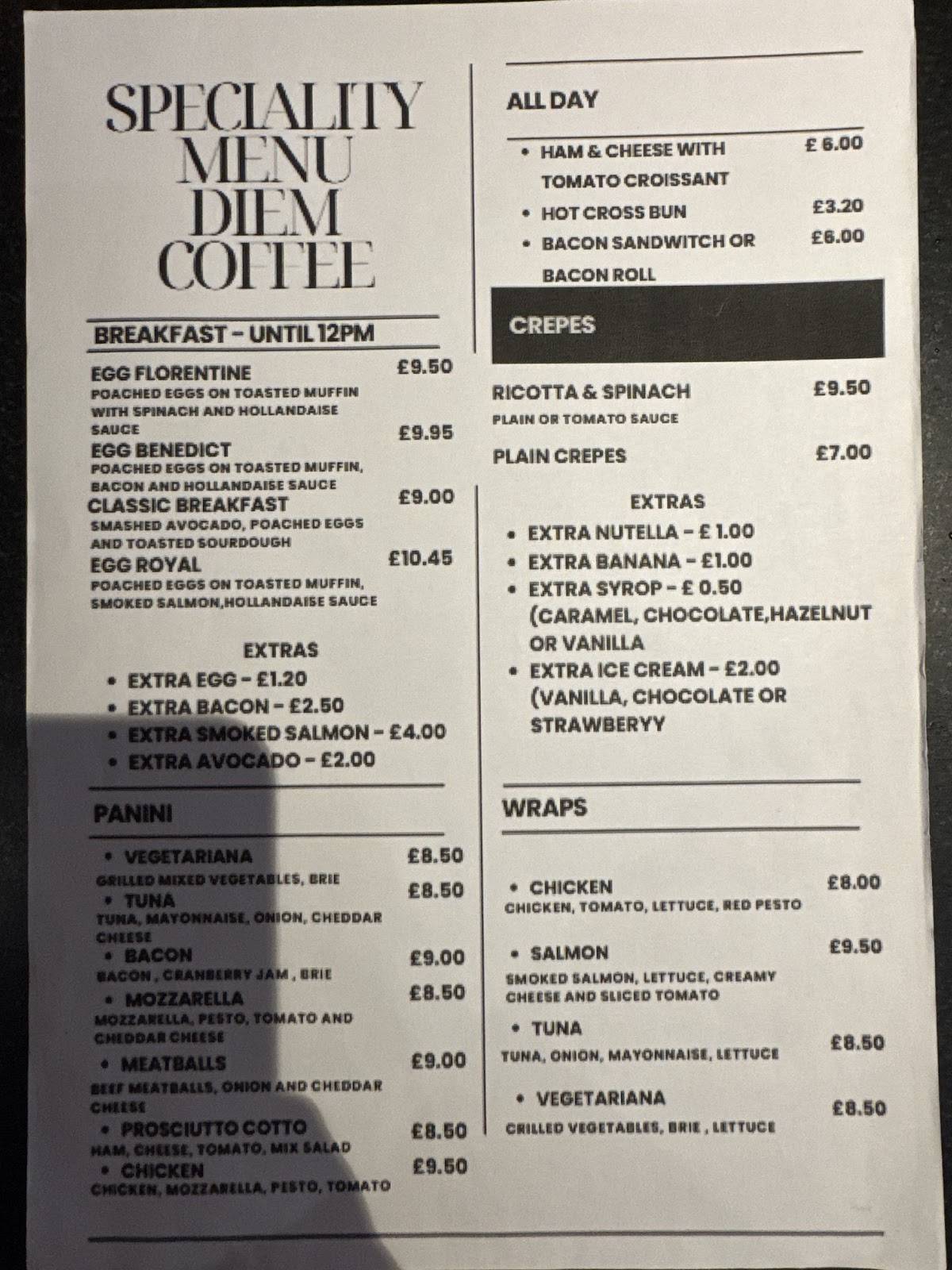 Menu at Coffee Diem, Farnham cafe, Farnham