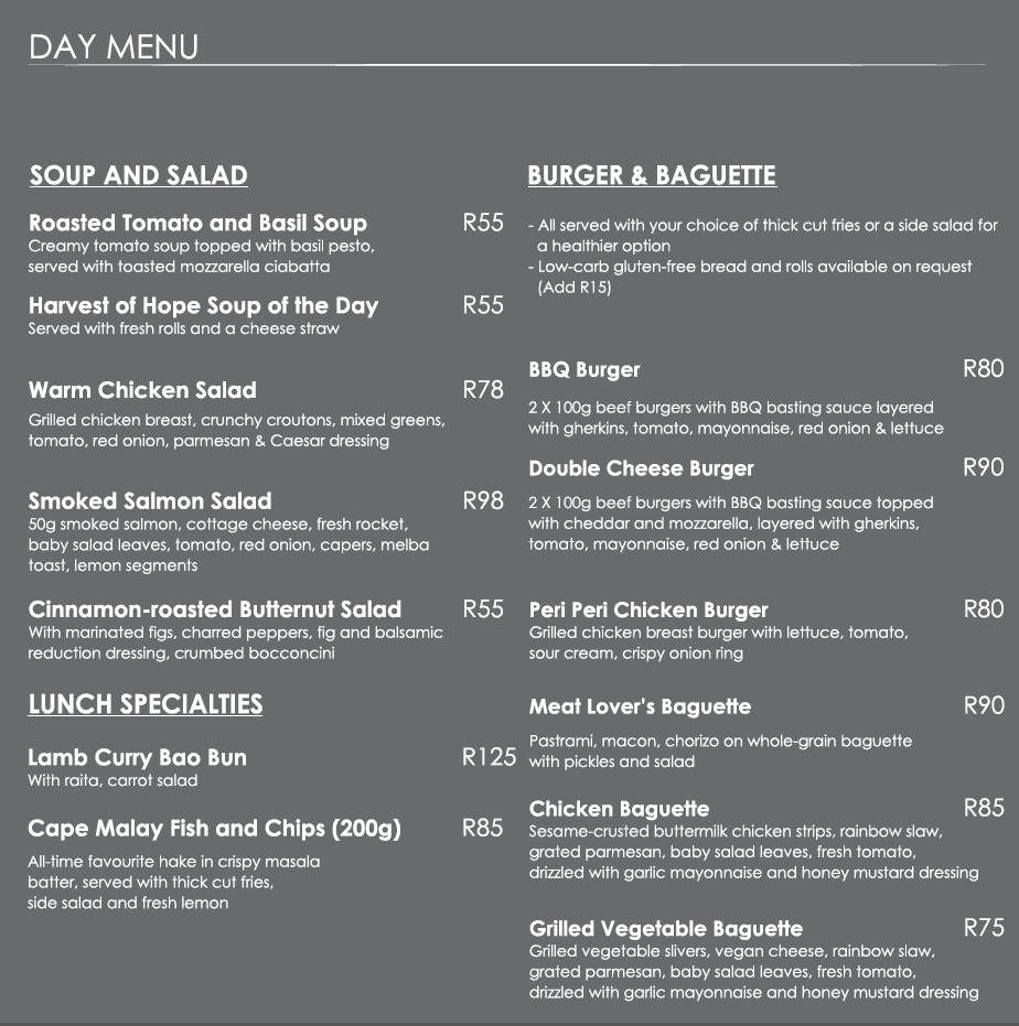 Menu au Coffee On The Circle, Le Cap