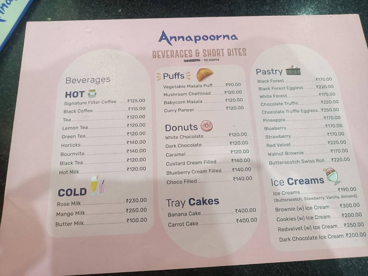 Menu at Annapoorna - Coimbatore International Airport Branch ...