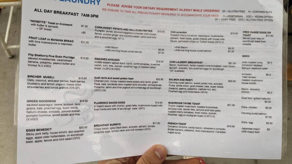 Menu at Coin Laundry Cafe, Armadale