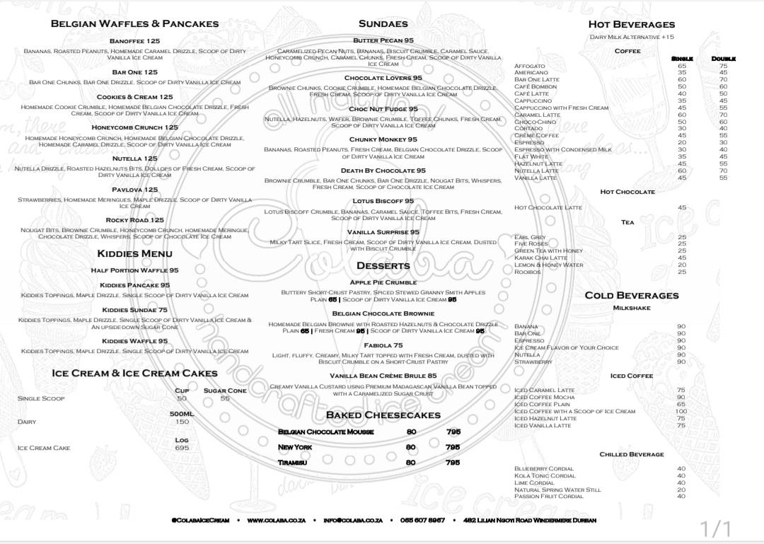 Menu at Colaba Ice Cream & Dessert Studio restaurant, Durban