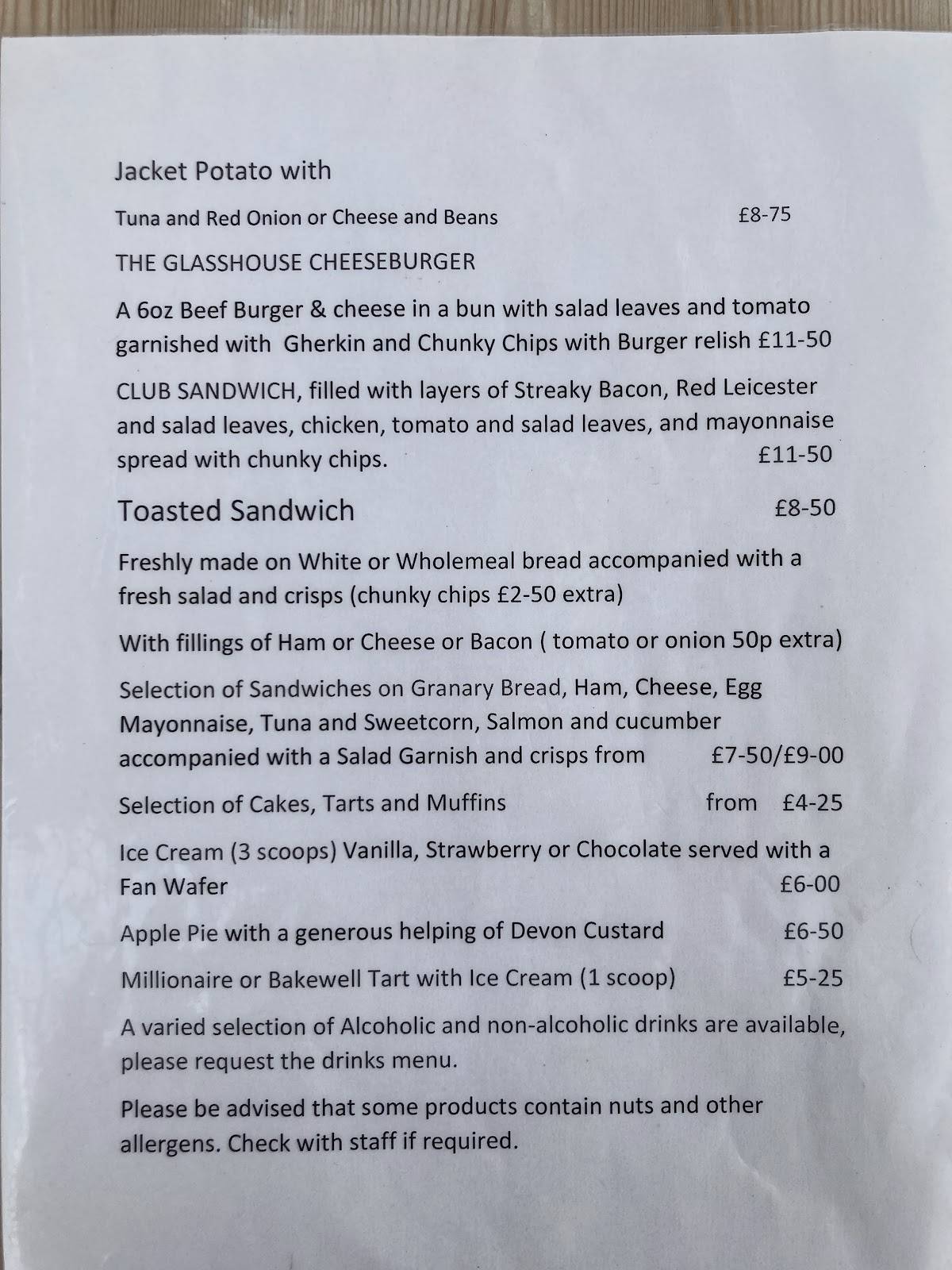 Menu at The Glasshouse Cafe Peldon, Colchester