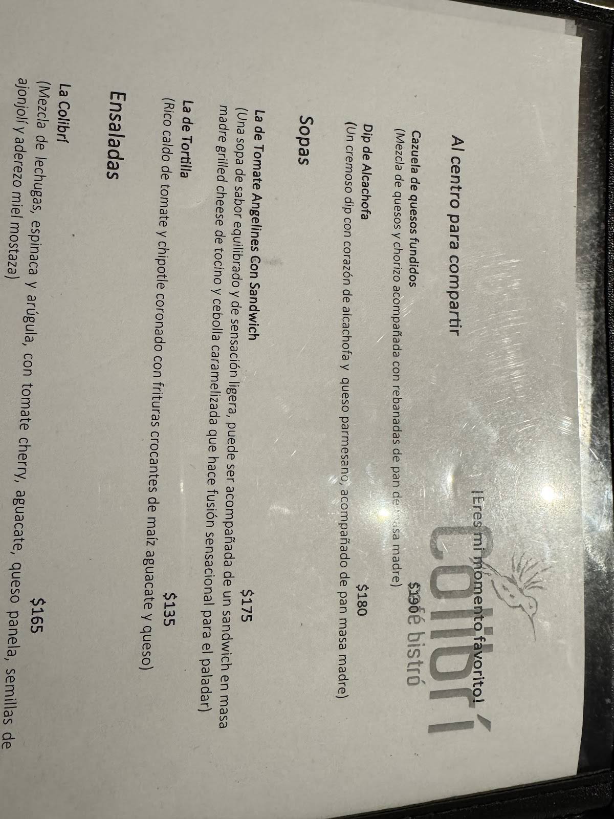 Carta de Colibrí Café, Hermosillo