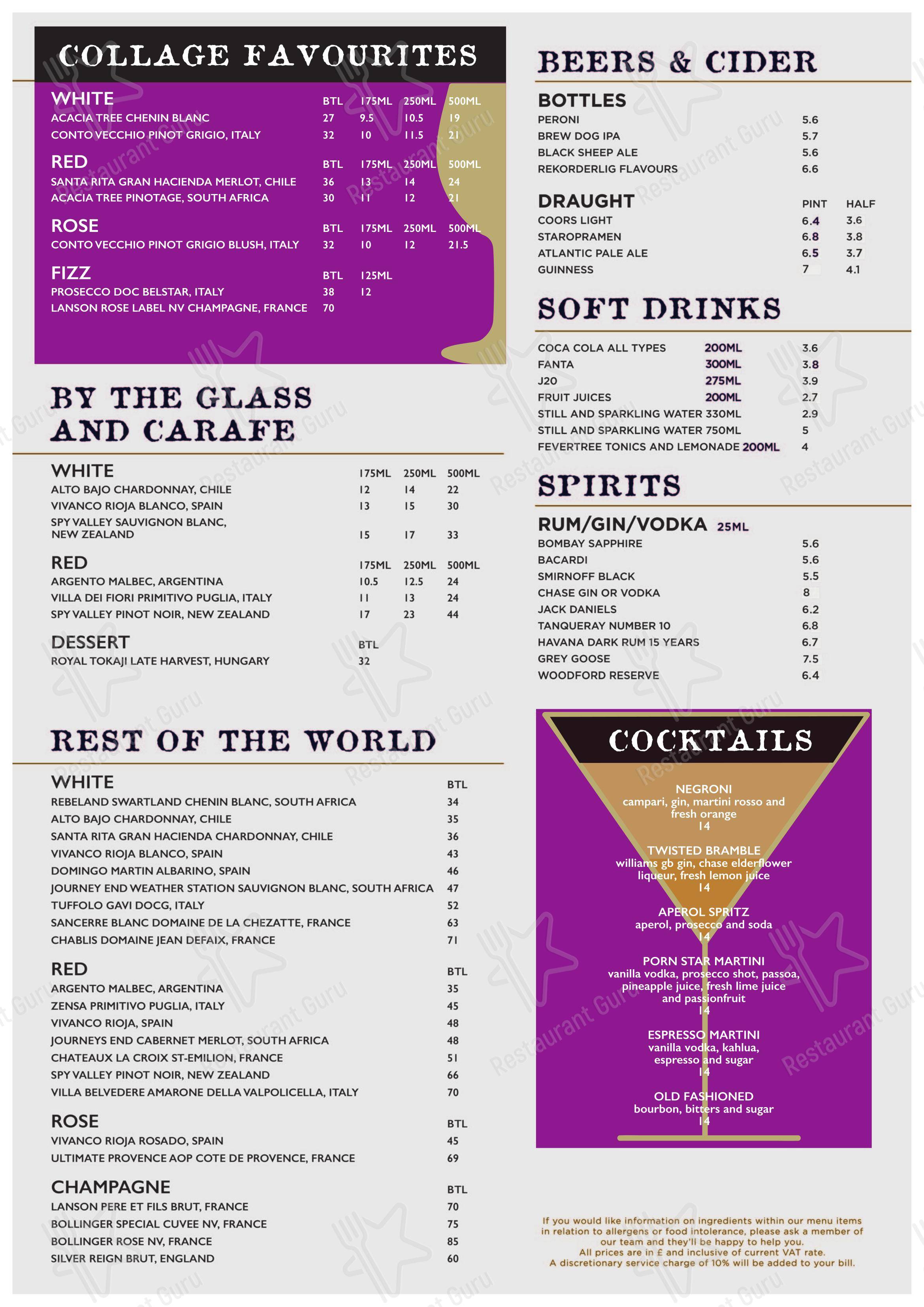 Menu at Collage Restaurant, Manchester