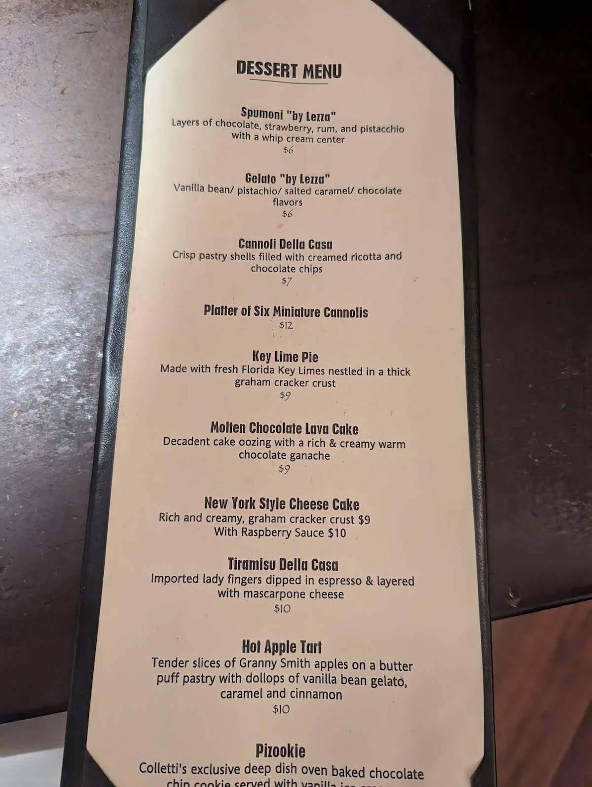 Menu at Colletti's Pizza restaurant, Chicago