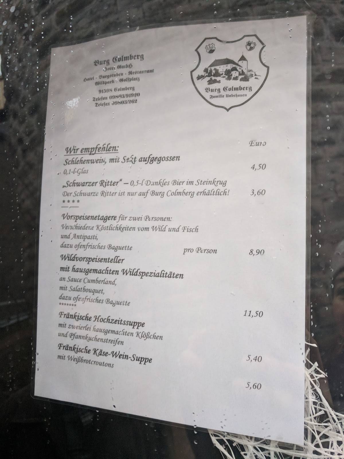 Menu at Colmberg Castle restaurant, Colmberg, Burg