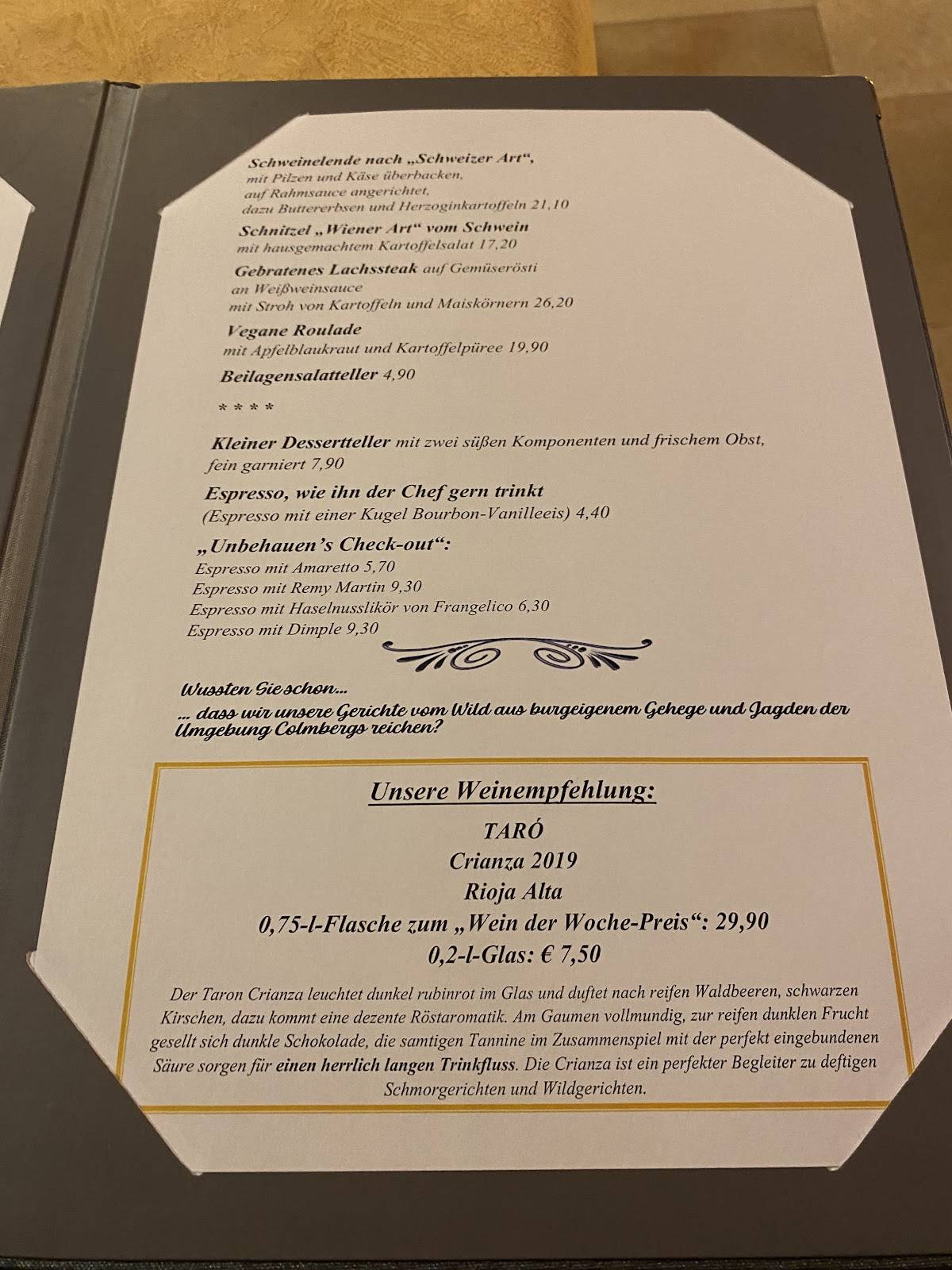 Menu at Colmberg Castle restaurant, Colmberg, Burg