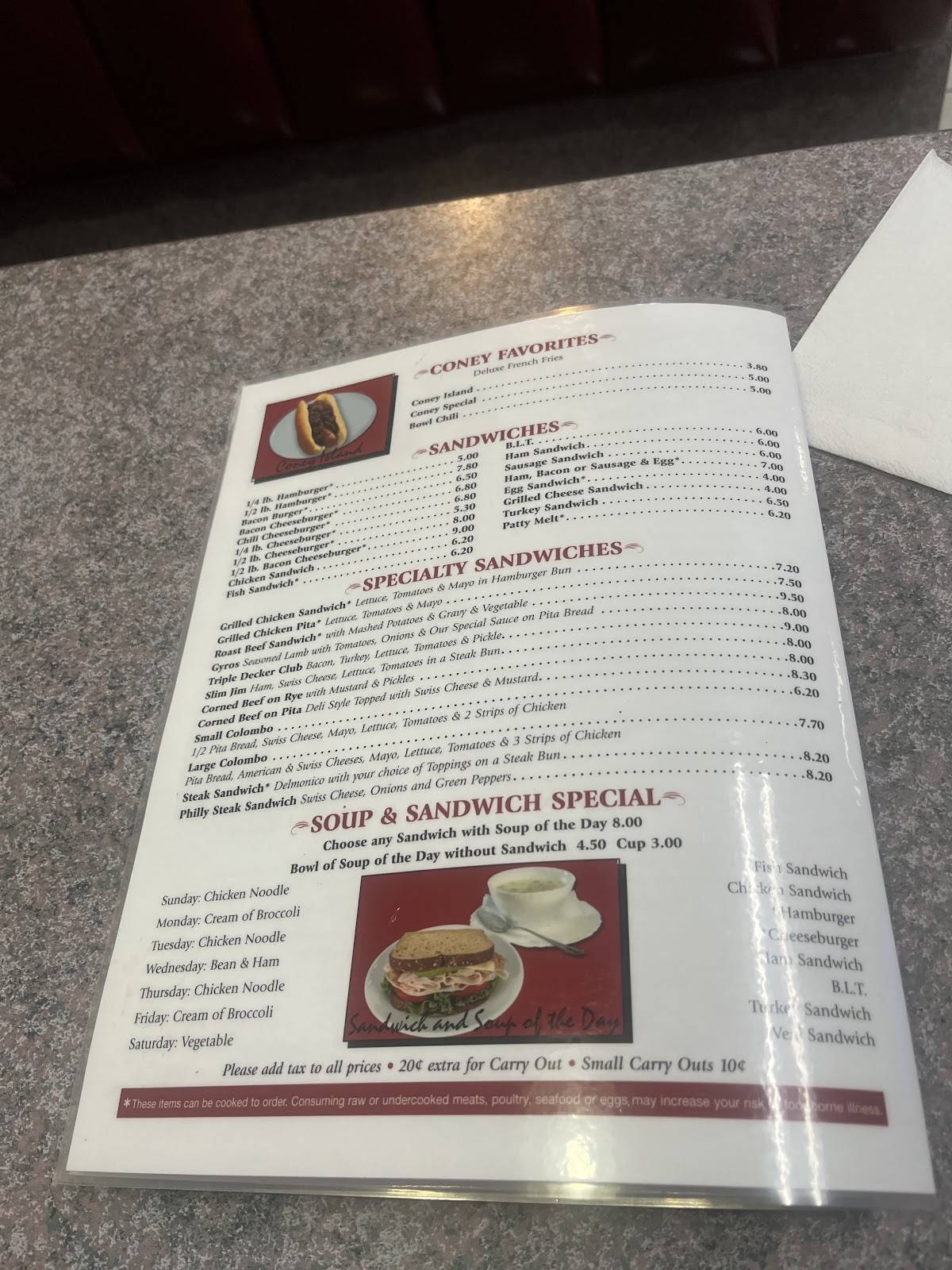 Menu at Colombo's Coney Island Restaurant, Detroit
