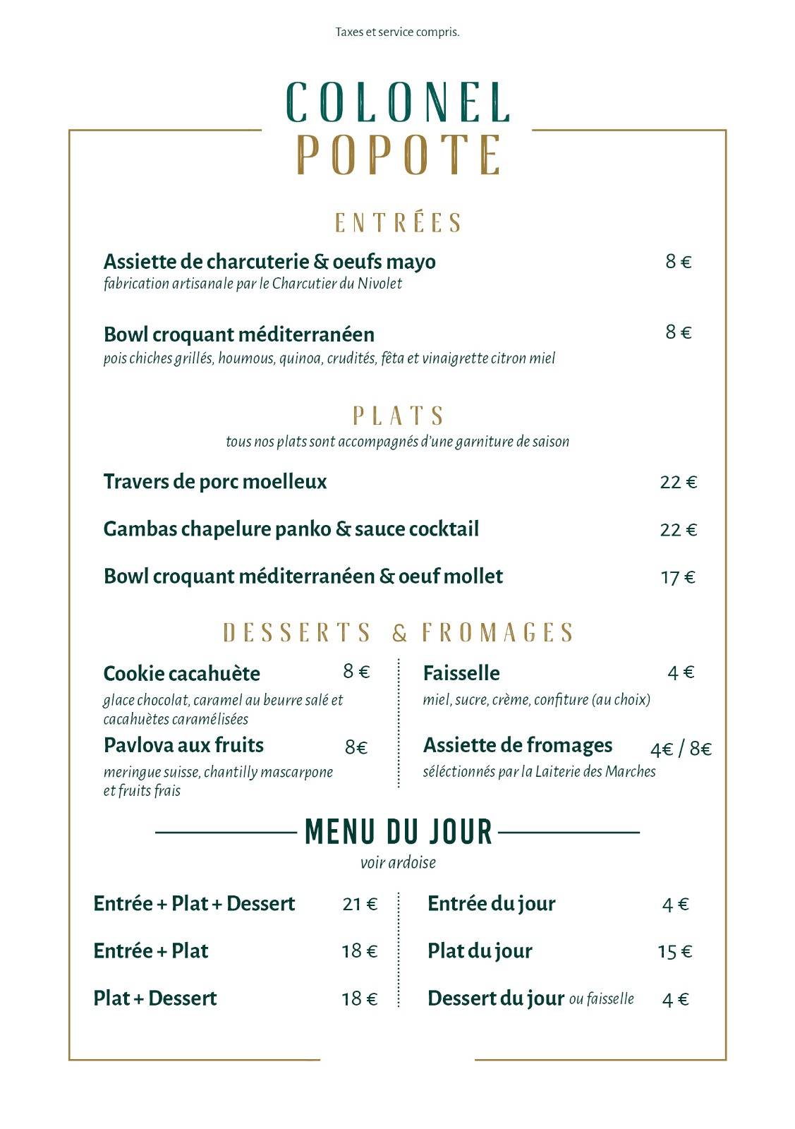 Menu au Colonel Popote restaurant, Barberaz