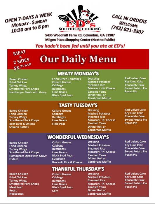 Menu at ED'S SOUTHERN COOKING restaurant, Columbus