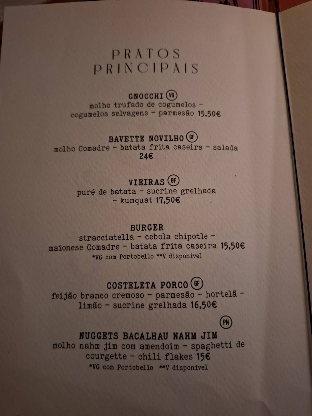 Menu at Comadre restaurant, Lisbon