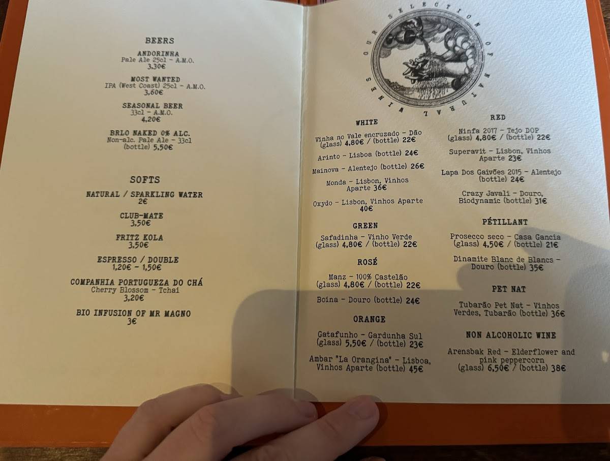 Menu at Comadre restaurant, Lisbon