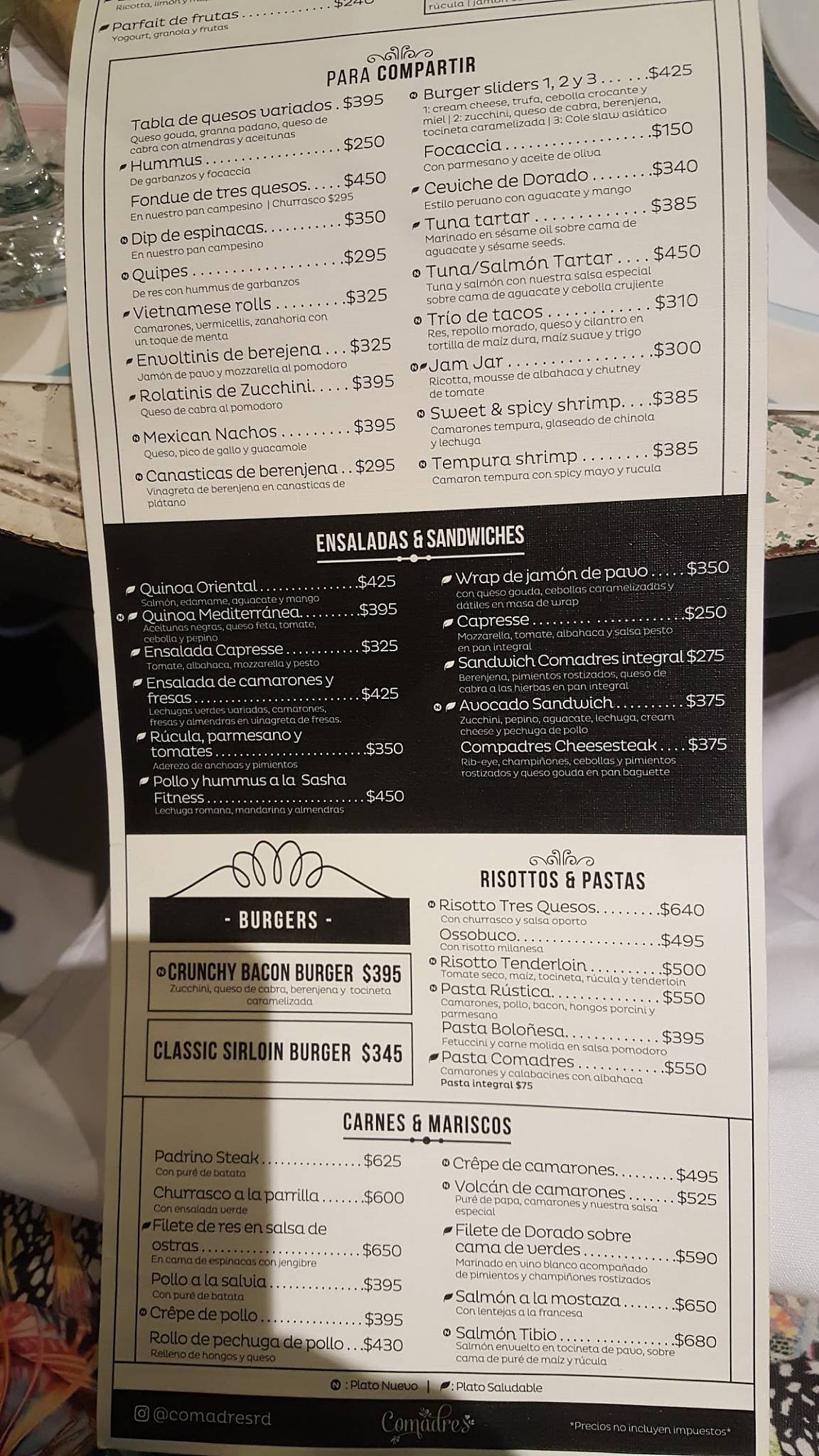 Carta del restaurante Comadres, Santo Domingo