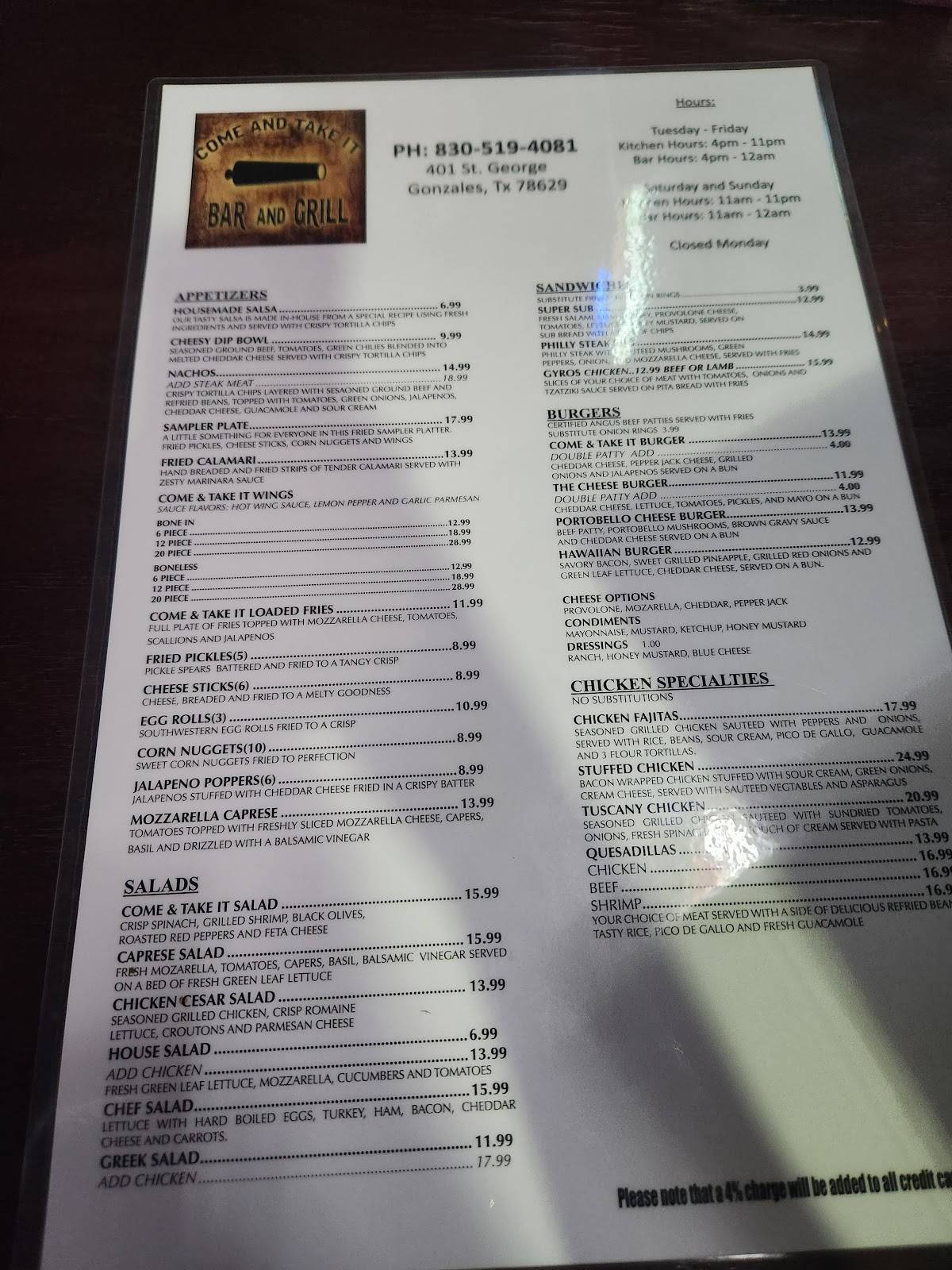 Menu at Come and Take It Bar & Grill, Gonzales