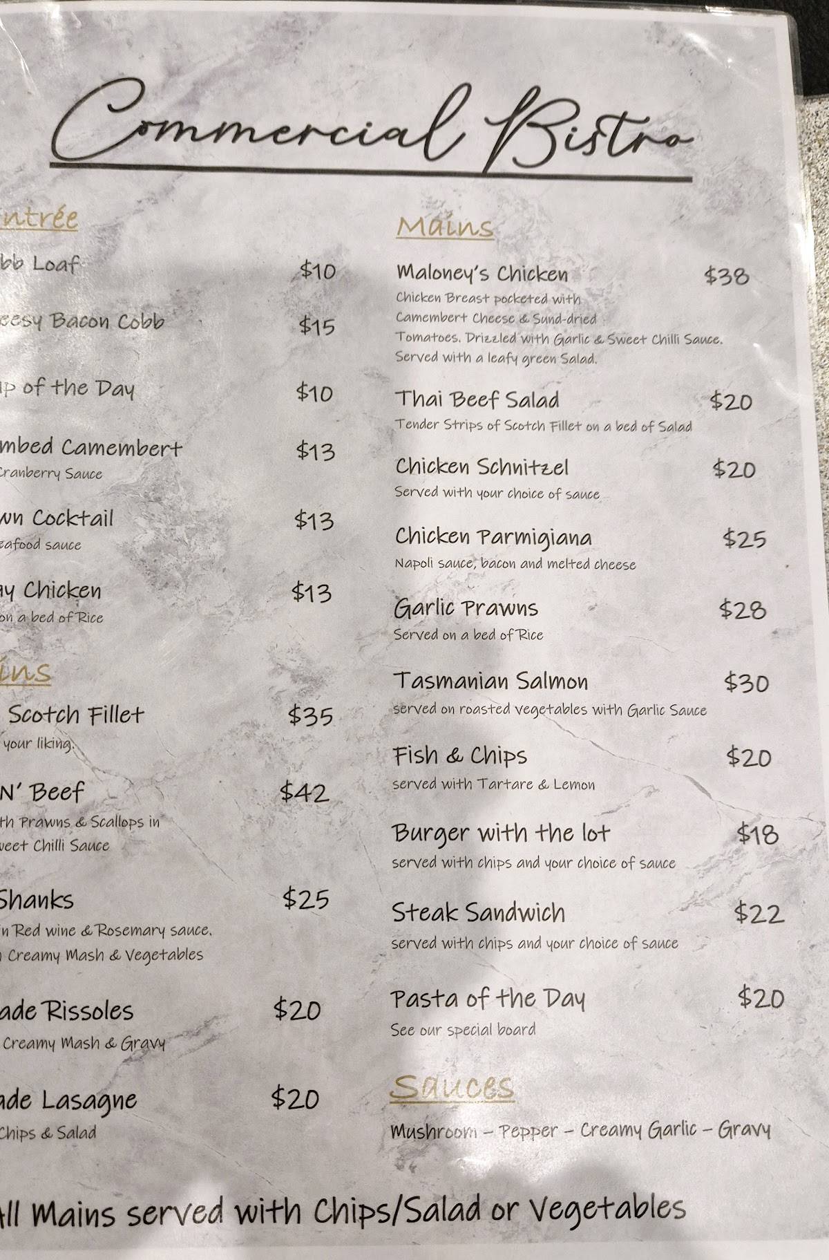 Menu at Commercial Bistro restaurant, Queenstown
