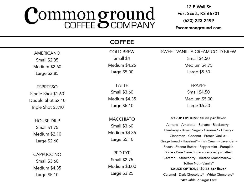 Menu at Common Ground Coffee Inc. cafe, Fort Scott