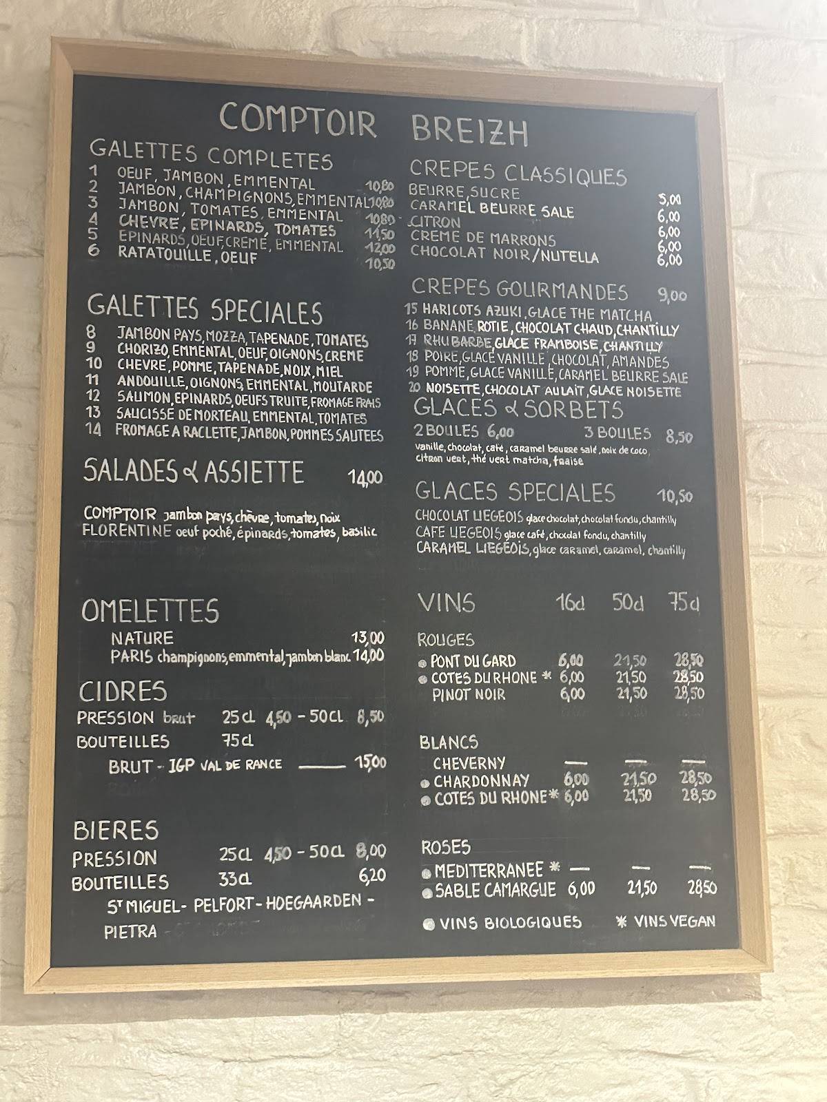Menu au Comptoir Breizh Créperie restaurant, Paris, Face au métro Abbesses