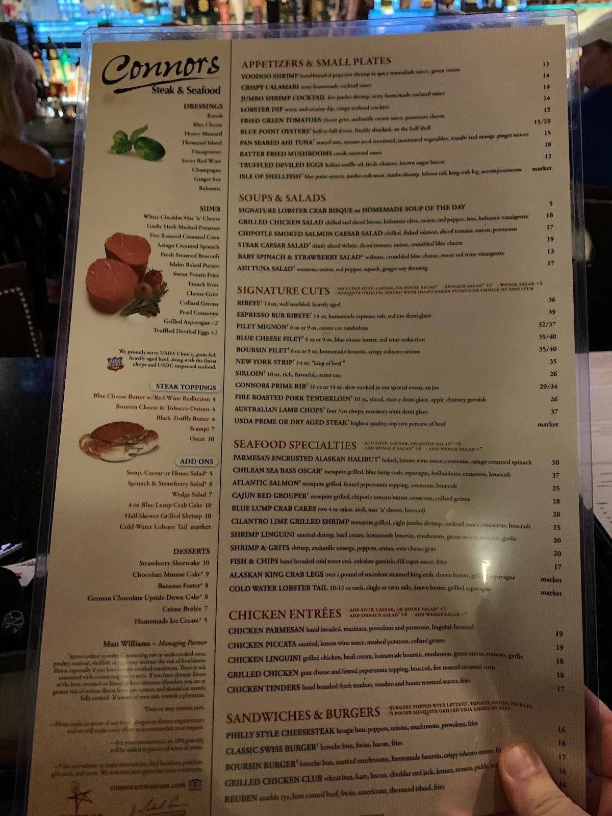 Menu at Connors Steak & Seafood pub & bar, Franklin