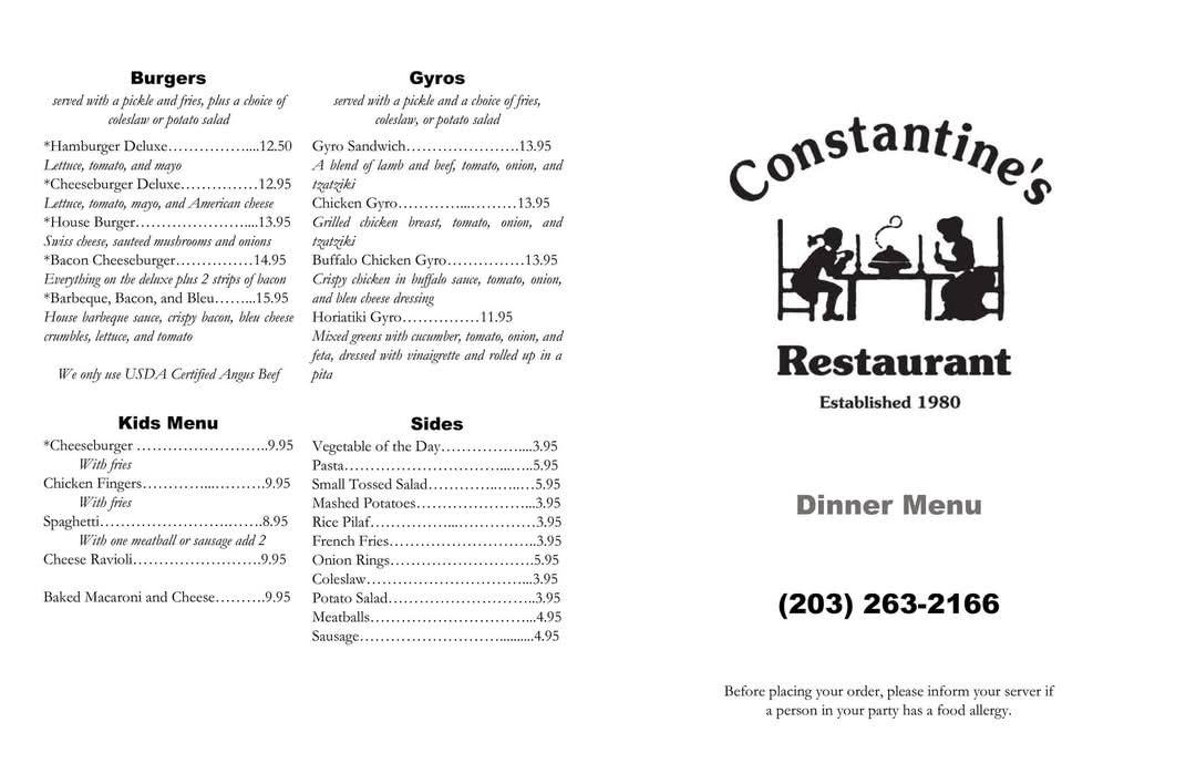 Menu at Constantine's Restaurant, Woodbury